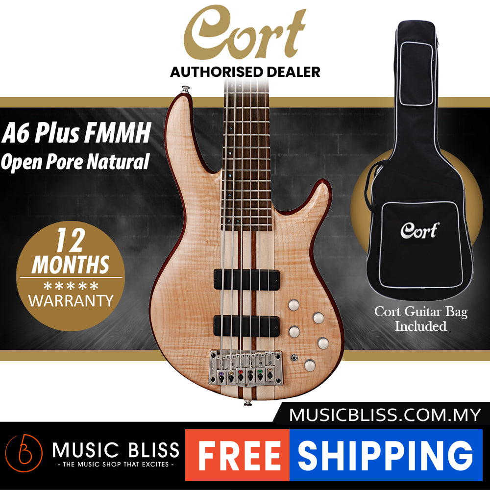 Cort A6 Plus FMMH 6-String Bass Guitar with Bag - Open Pore Natural ...