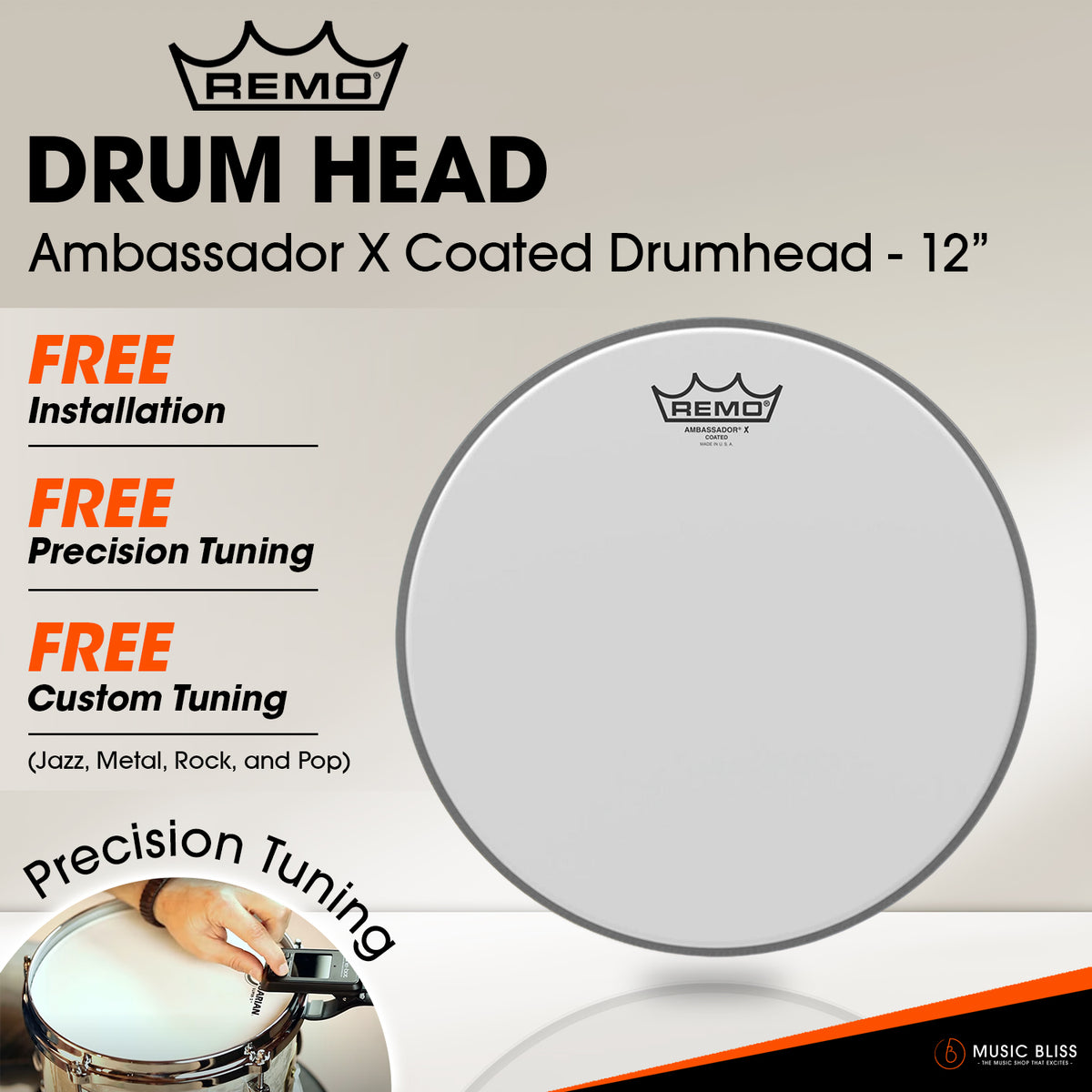 Remo Ambassador X Coated Drumhead - 12" (AX-0112-00 AX011200 AX 0112 00 ...