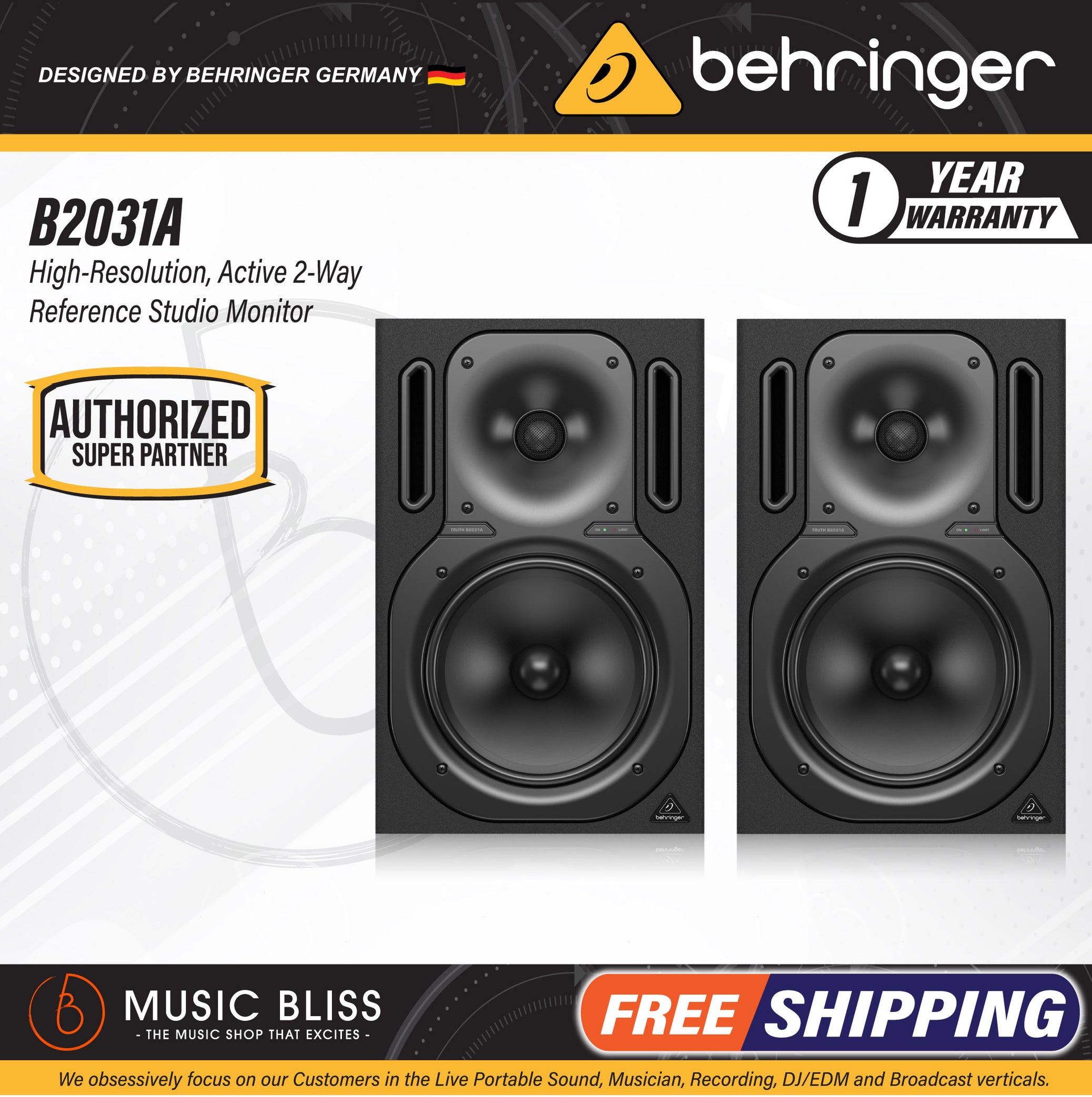 Behringer Truth B2031A 8.75" Powered Studio Monitor (B-2031A / B 2031A ...