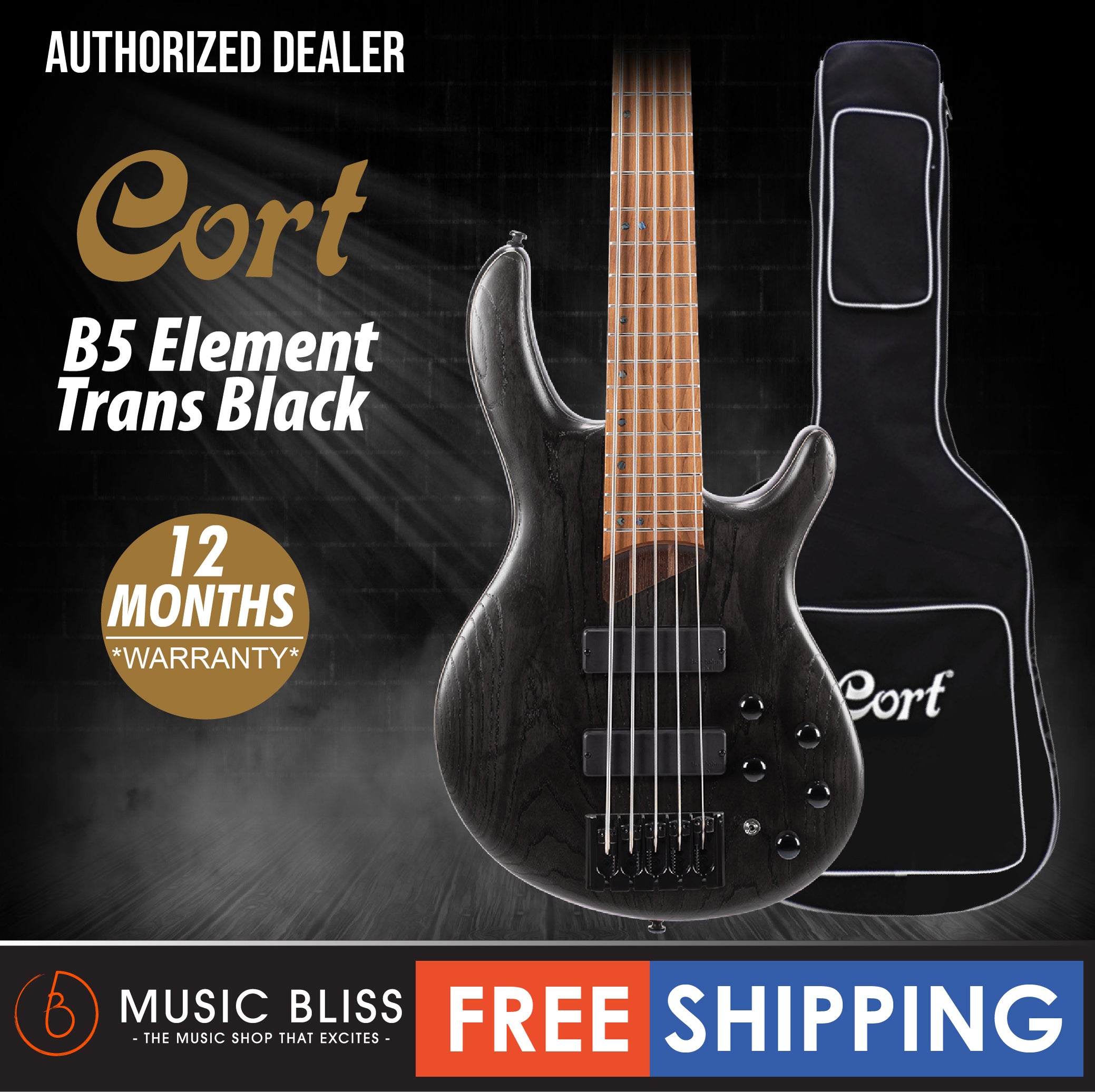 Cort B-5 Element 5-String Bass Guitar with Bag - Open Pore Trans Black ...