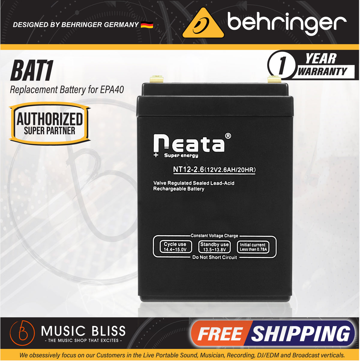 Behringer BAT1 Rechargeable Battery for EPA40 | Music Bliss Malaysia