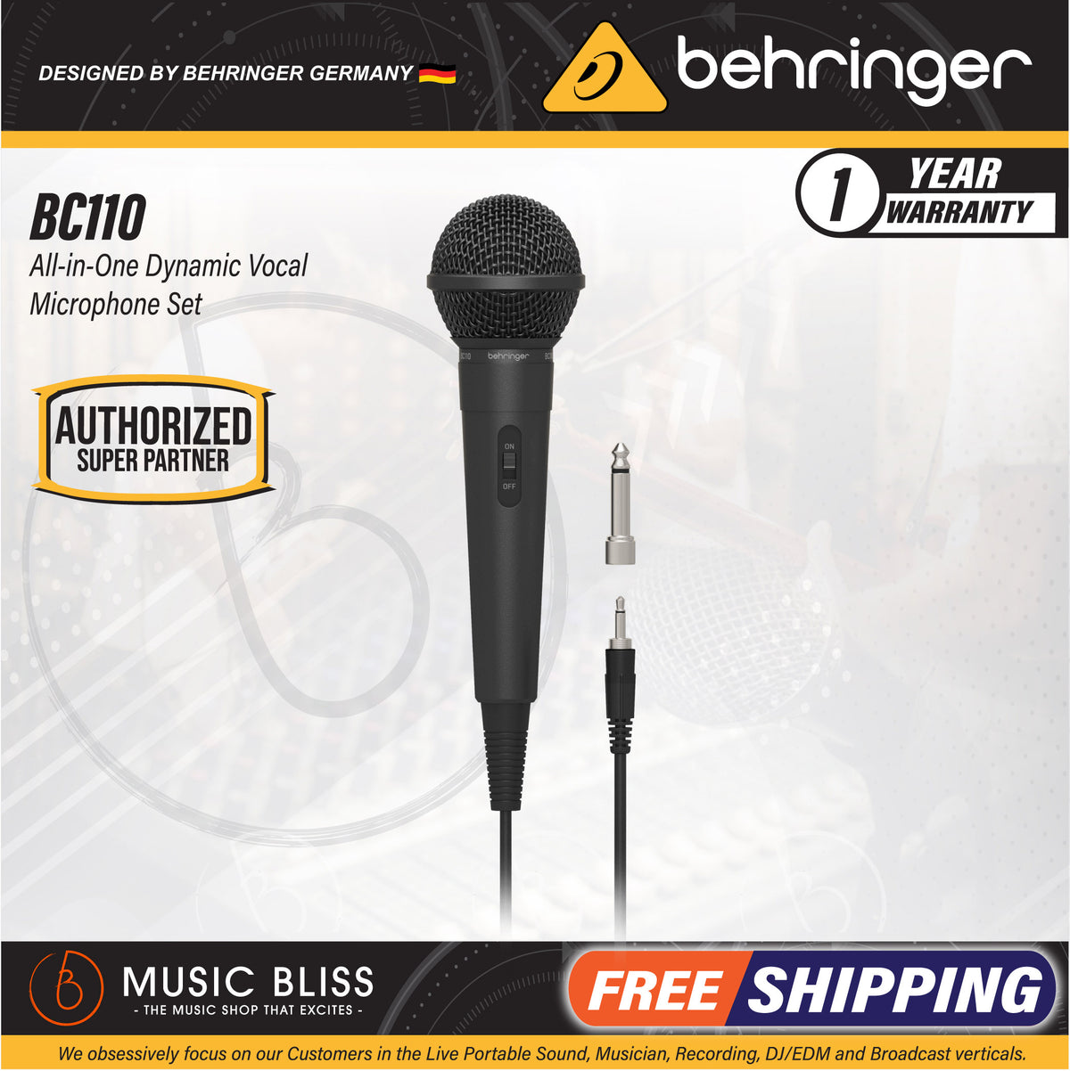 Behringer BC110 Dynamic Vocal Microphone with 10-foot Cable | Music Bliss Malaysia