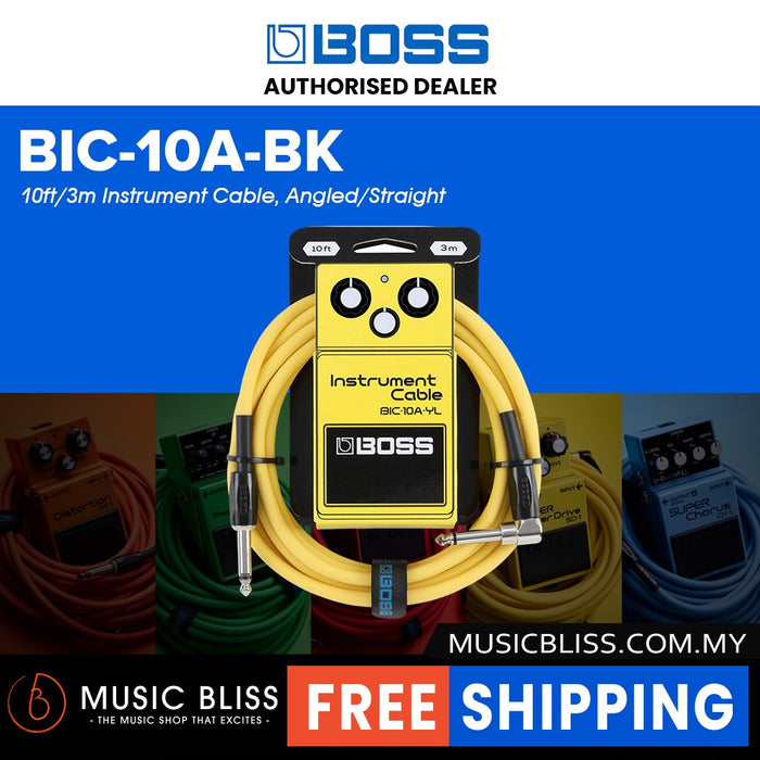 Boss BIC-10A Straight to Right Angle Instrument Cable, 10 foot - Yellow | Music Bliss Malaysia
