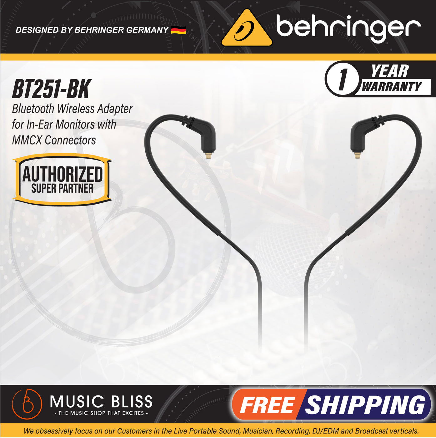 Behringer BT251-BK Bluetooth* Wireless Adapter for In-Ear Monitors with ...