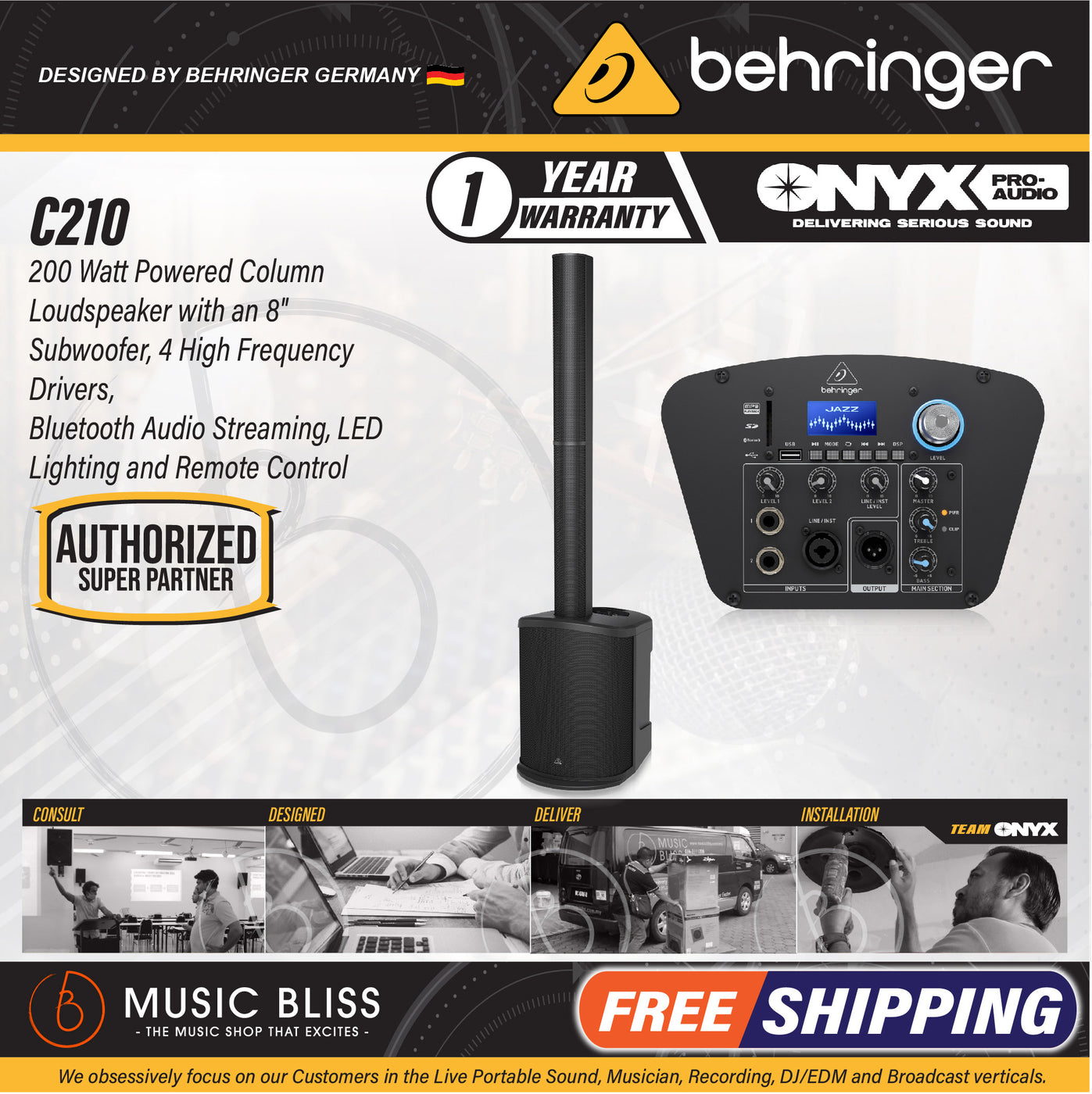 Behringer C210 200W Bi-amped Powered Column Loudspeaker with 8 ...