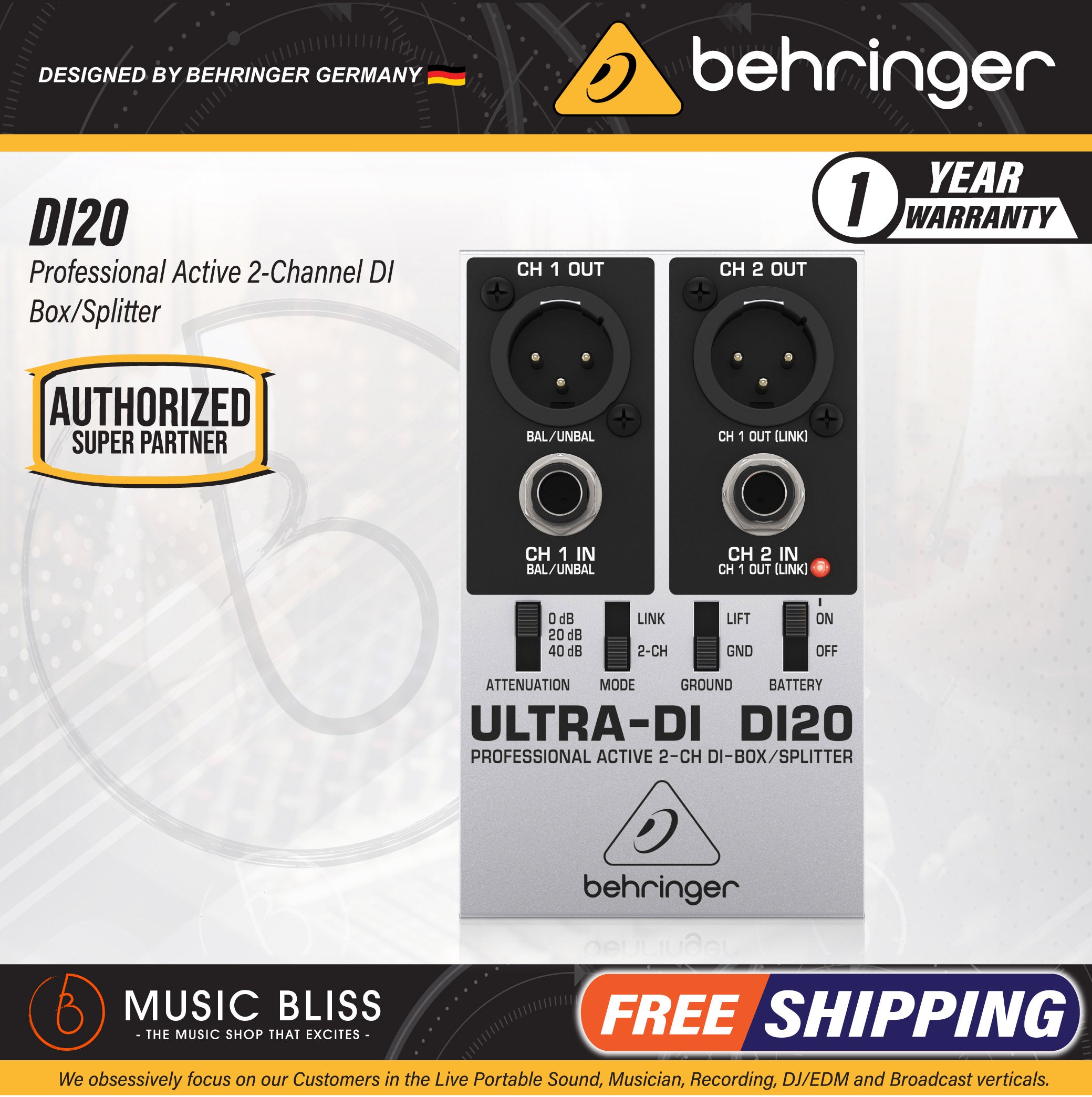 Behringer Ultra-DI DI20 2-channel Active Direct Box / Splitter | Music ...