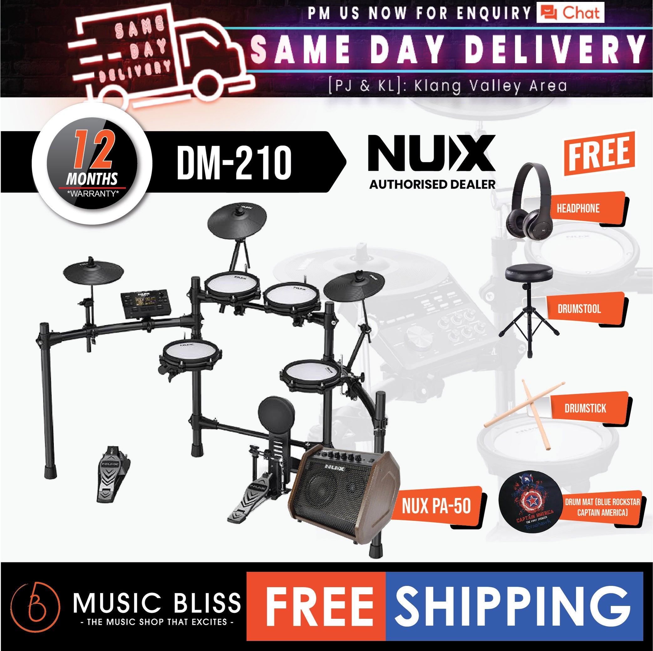 NUX DM-210 5-Piece Digital Electronic Drum with Full Mesh Head (DM210 ...