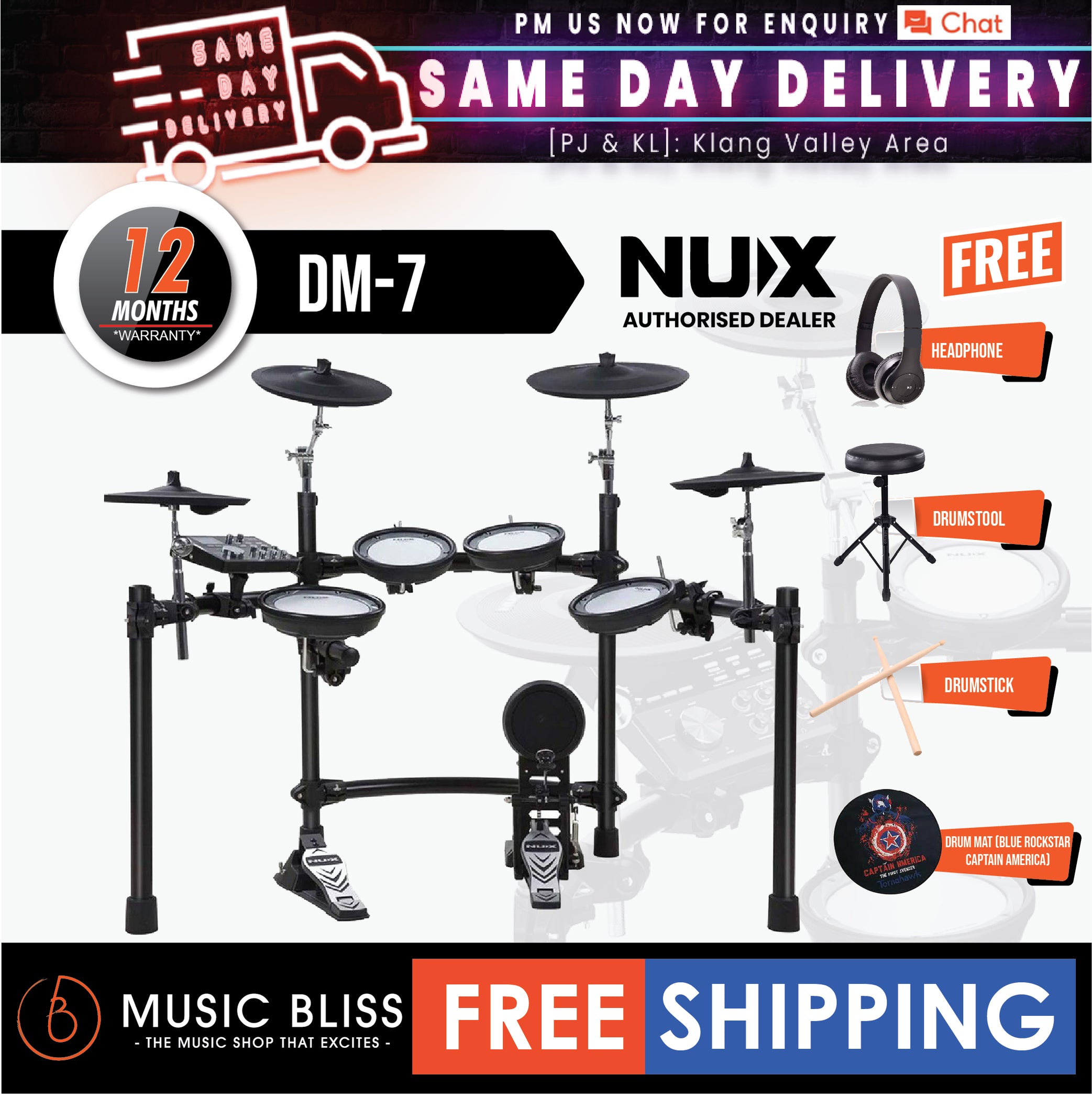 NUX DM-7 5-Piece Digital Electronic Drum Set with FREE Headphone (DM7 / DM 7) | Music Bliss Malaysia