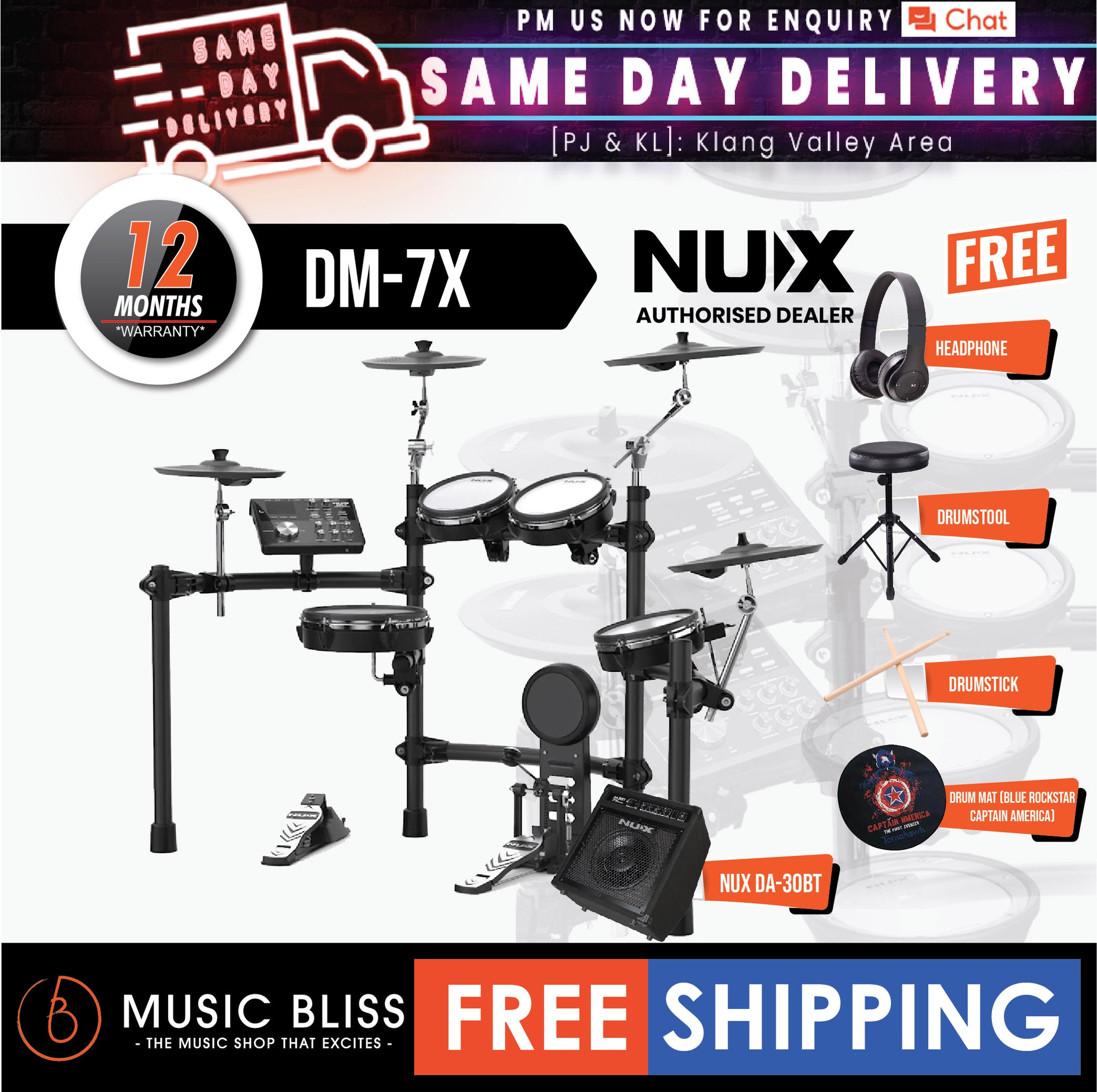 NUX DM-7X 5-Piece Digital Electronic Drum Set with FREE Headphone (DM7X ...