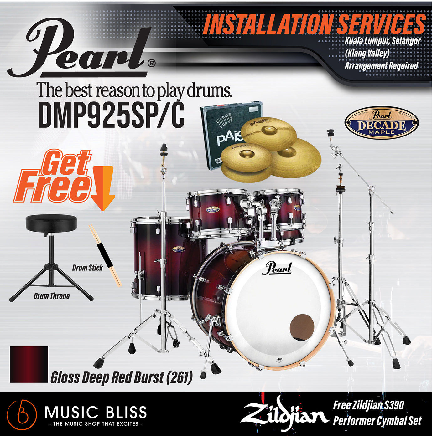 Pearl Decade Maple 5-Piece Drum Set with Hardware, Drumstick and Throne ...
