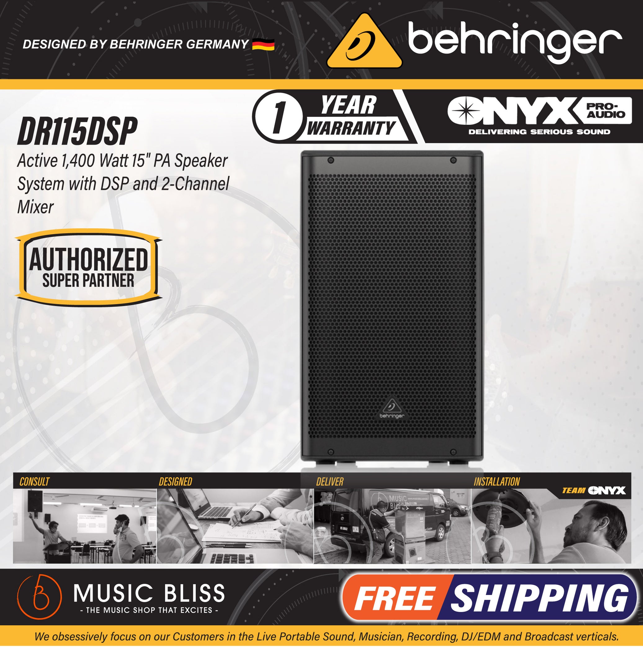 Behringer DR115DSP 1400W 15" Powered Speaker with Bluetooth (DR-115DSP ...