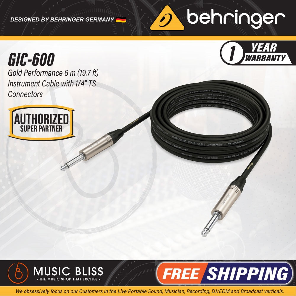 Behringer GIC-600 Gold Performance 6m (19.7ft) Instrument Cable with 1/ ...