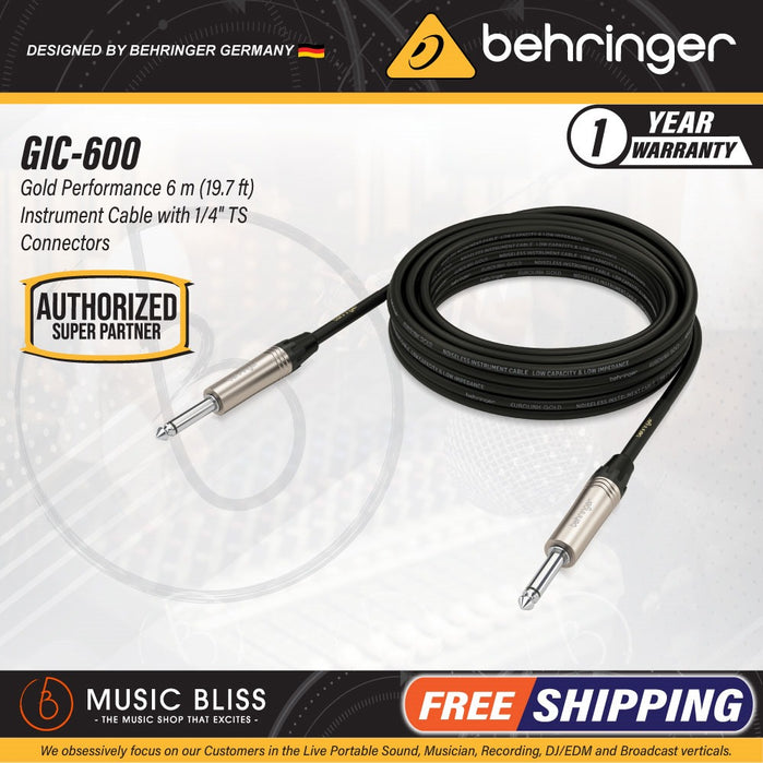 Behringer GIC-600 Gold Performance 6m (19.7ft) Instrument Cable with 1/ ...