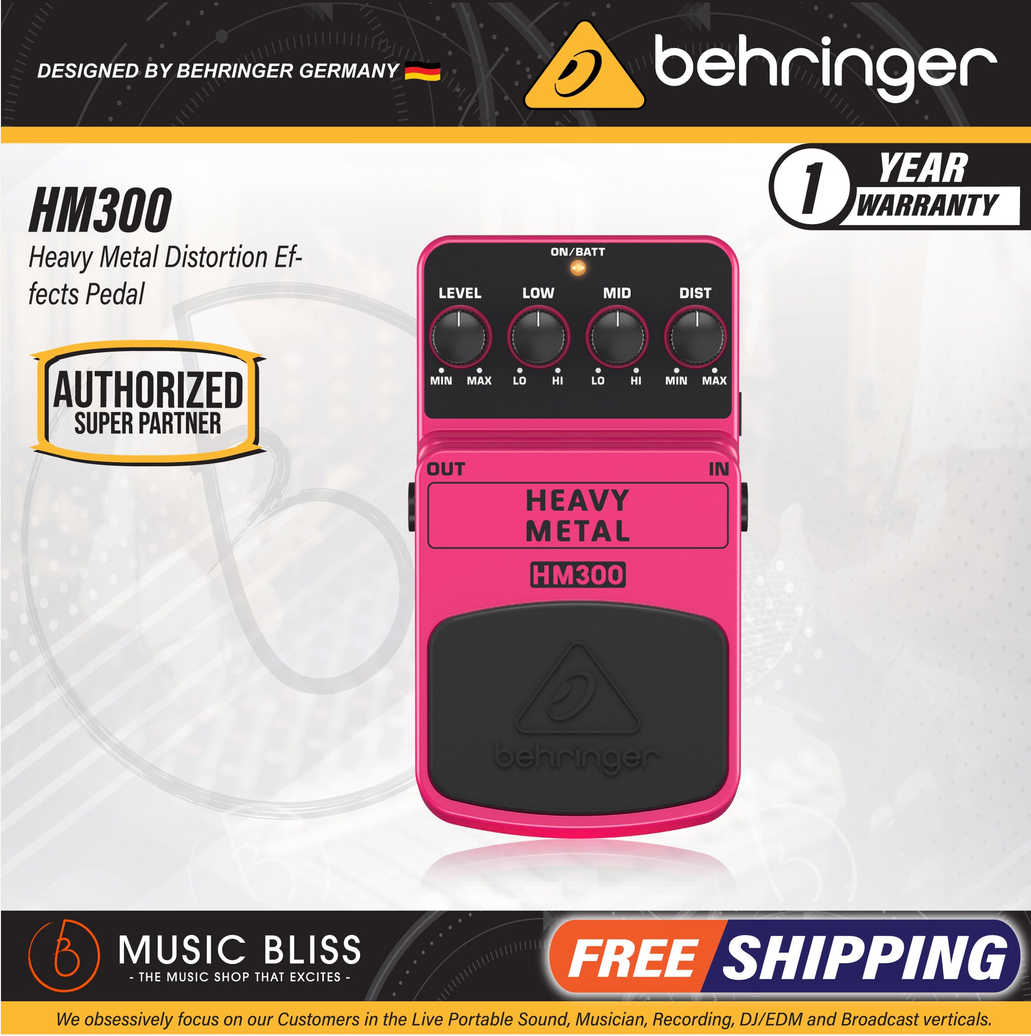 Behringer HM300 Heavy Metal Distortion Guitar Effects Pedal (HM-300 ...
