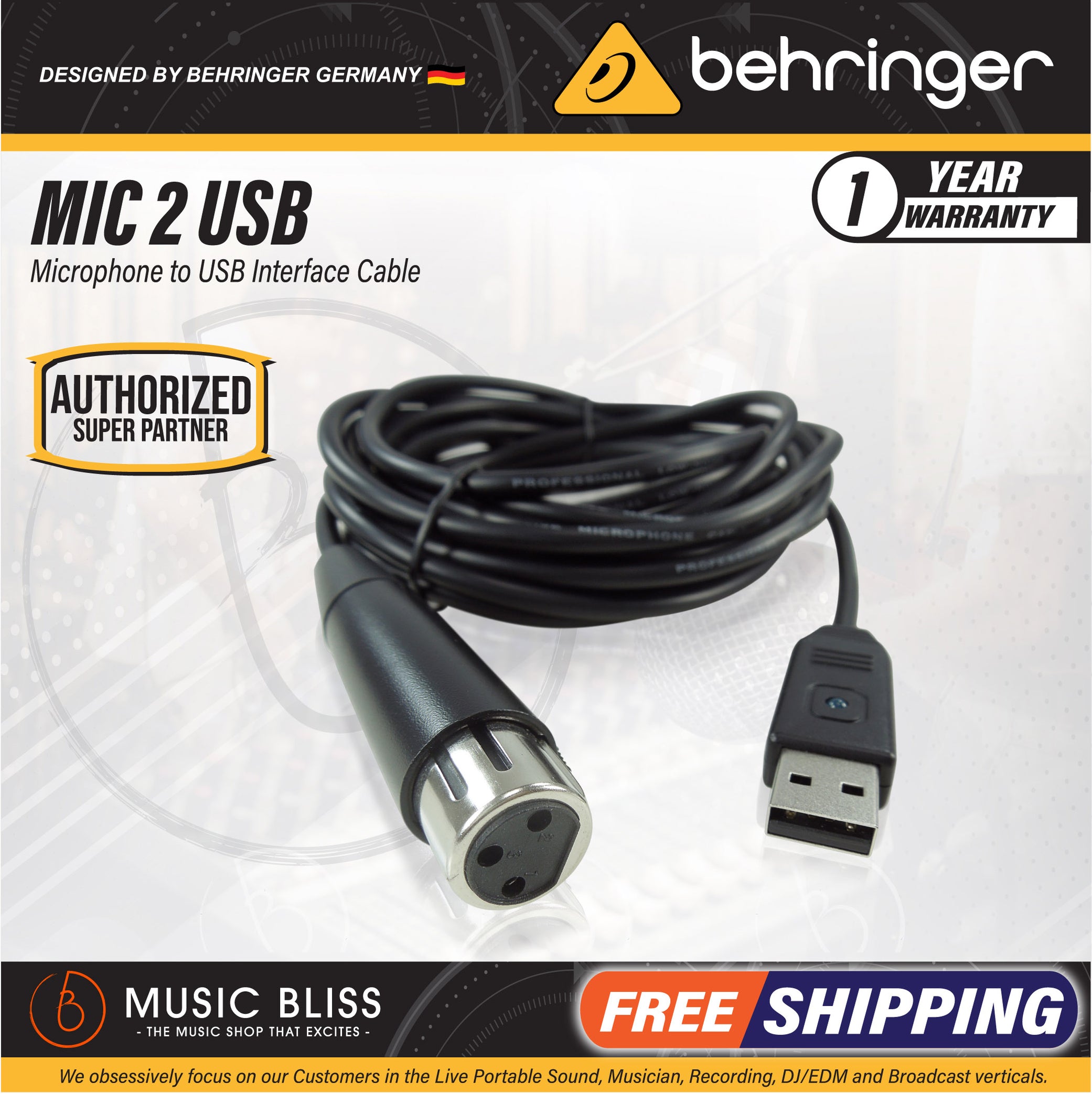 Behringer MIC 2 USB - Microphone to USB Interface Cable | Music Bliss ...