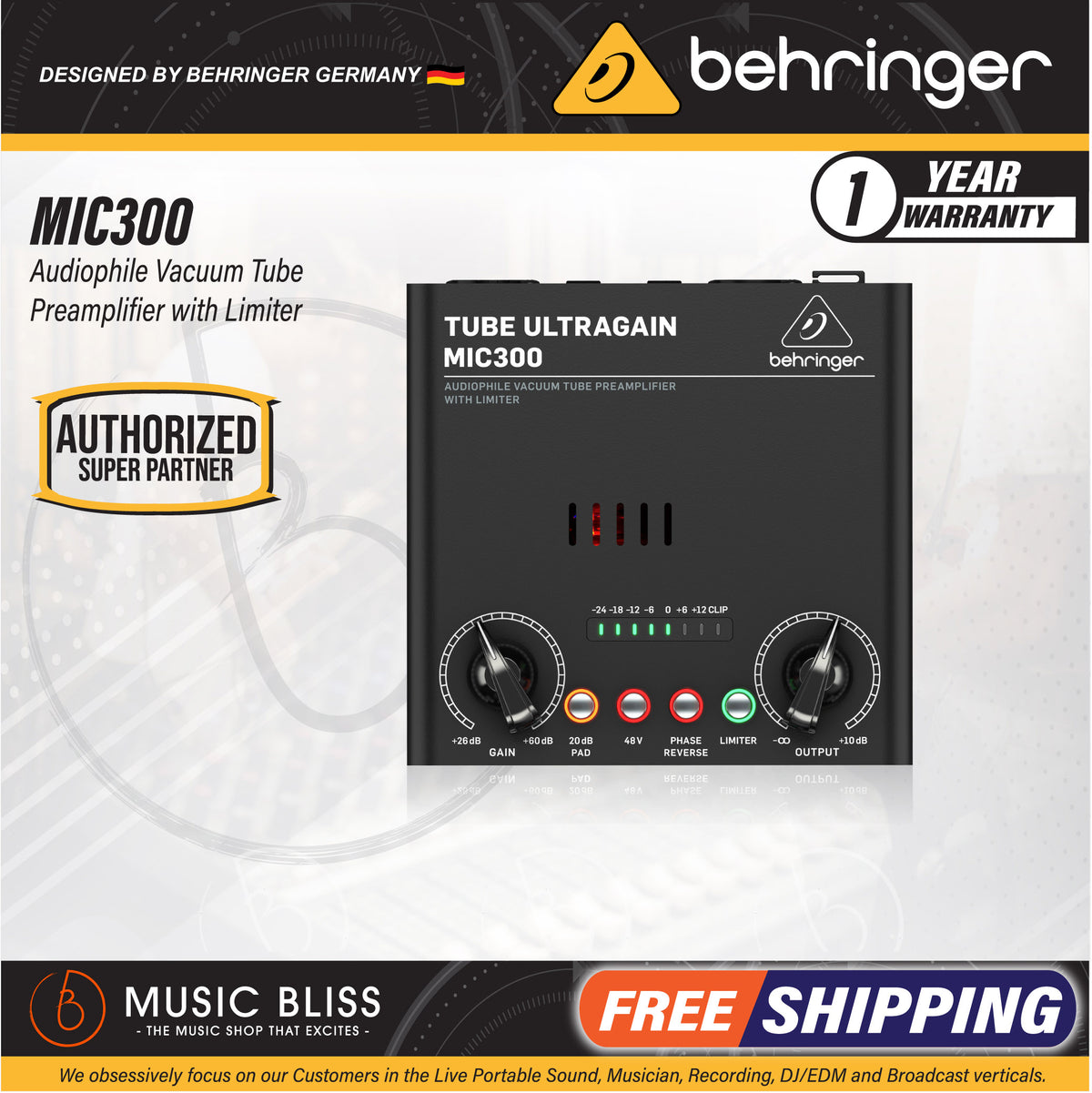 Behringer MIC300 Audiophile Vacuum Tube Preamplifier with Limiter (MIC ...