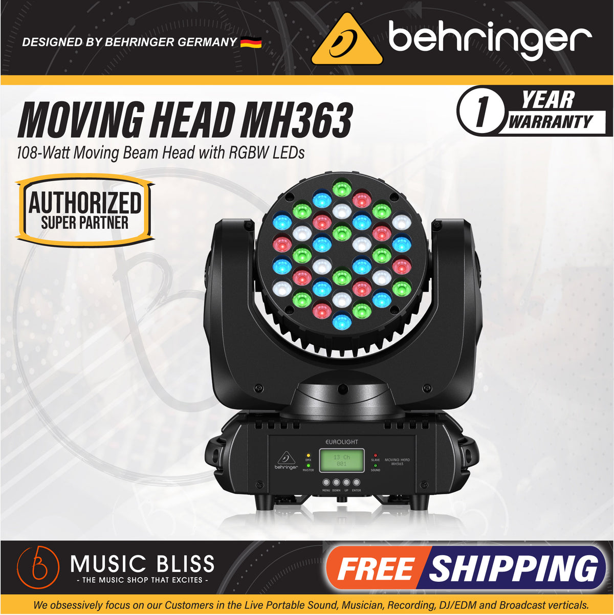 Behringer MOVING HEAD MH363 108-watt Moving Beam Head with RGBW LED ...