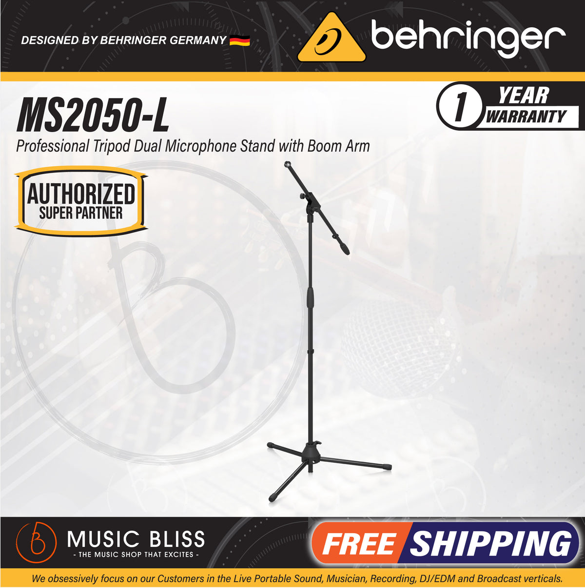 Behringer MS2050-L Professional Tripod Dual Microphone Stand with Boom ...