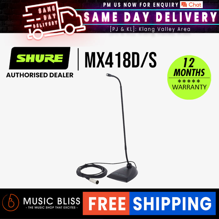 Shure MX418D/S 18" Supercardioid Gooseneck Microphone with Desktop Base and Preamp | Music Bliss ...