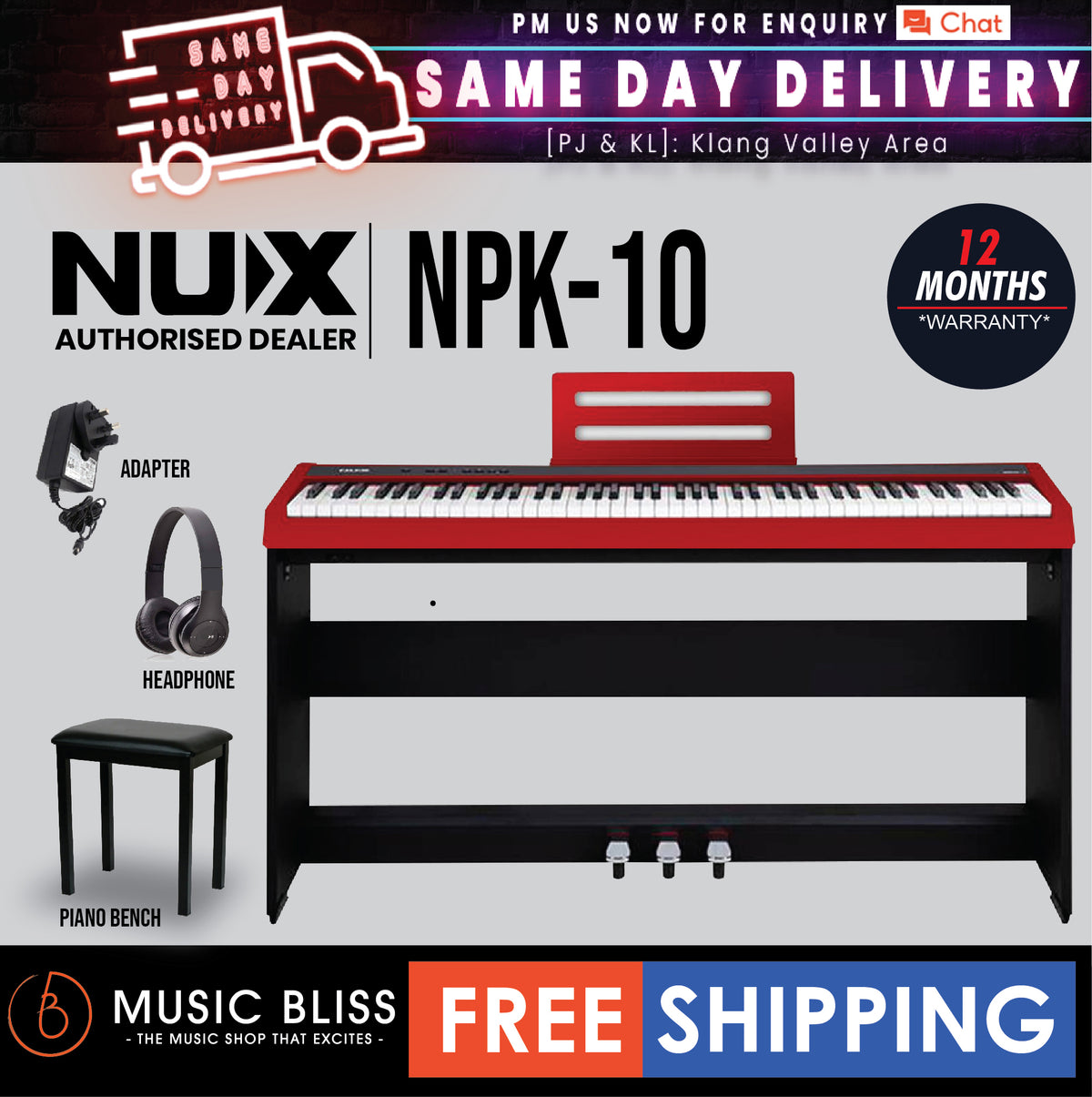 NUX NPK-10 88-Key Digital Piano with Wooden Stand and Bluetooth - Red ...