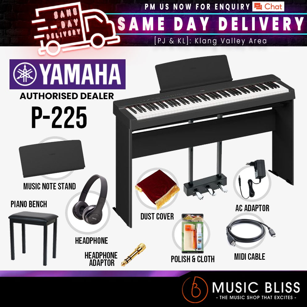Yamaha P-225 88-Keys Digital Piano with Original Adapter - Black (P225) | Music Bliss Malaysia