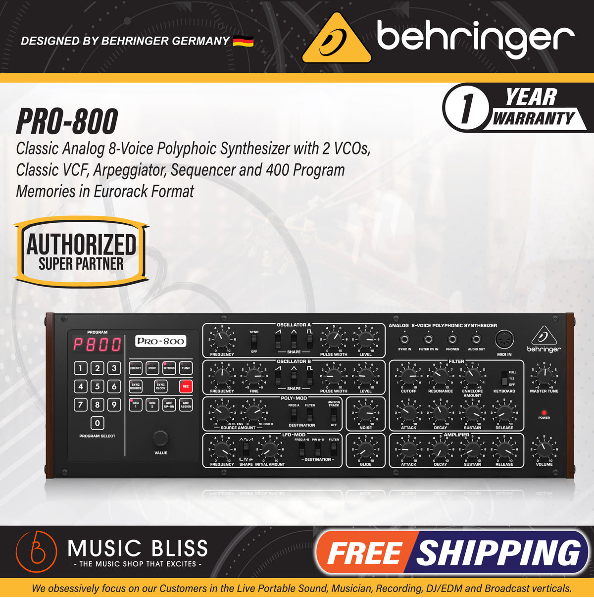 Behringer PRO-800 Classic Analog 8-Voice Polyphonic Synthesizer (PRO800 ...