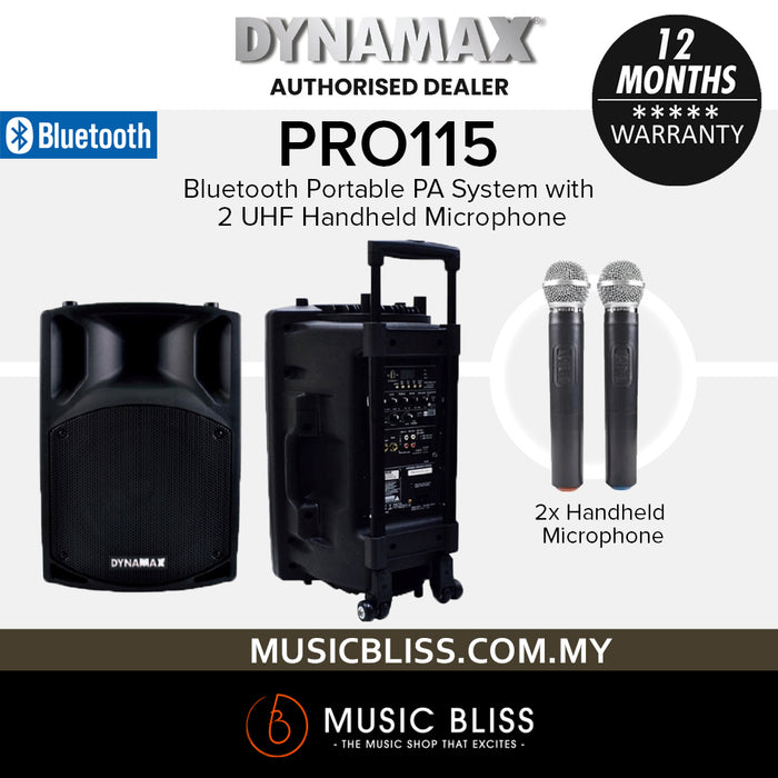 Dynamax PRO115 15" Bluetooth Portable PA System with 2 UHF Handheld ...
