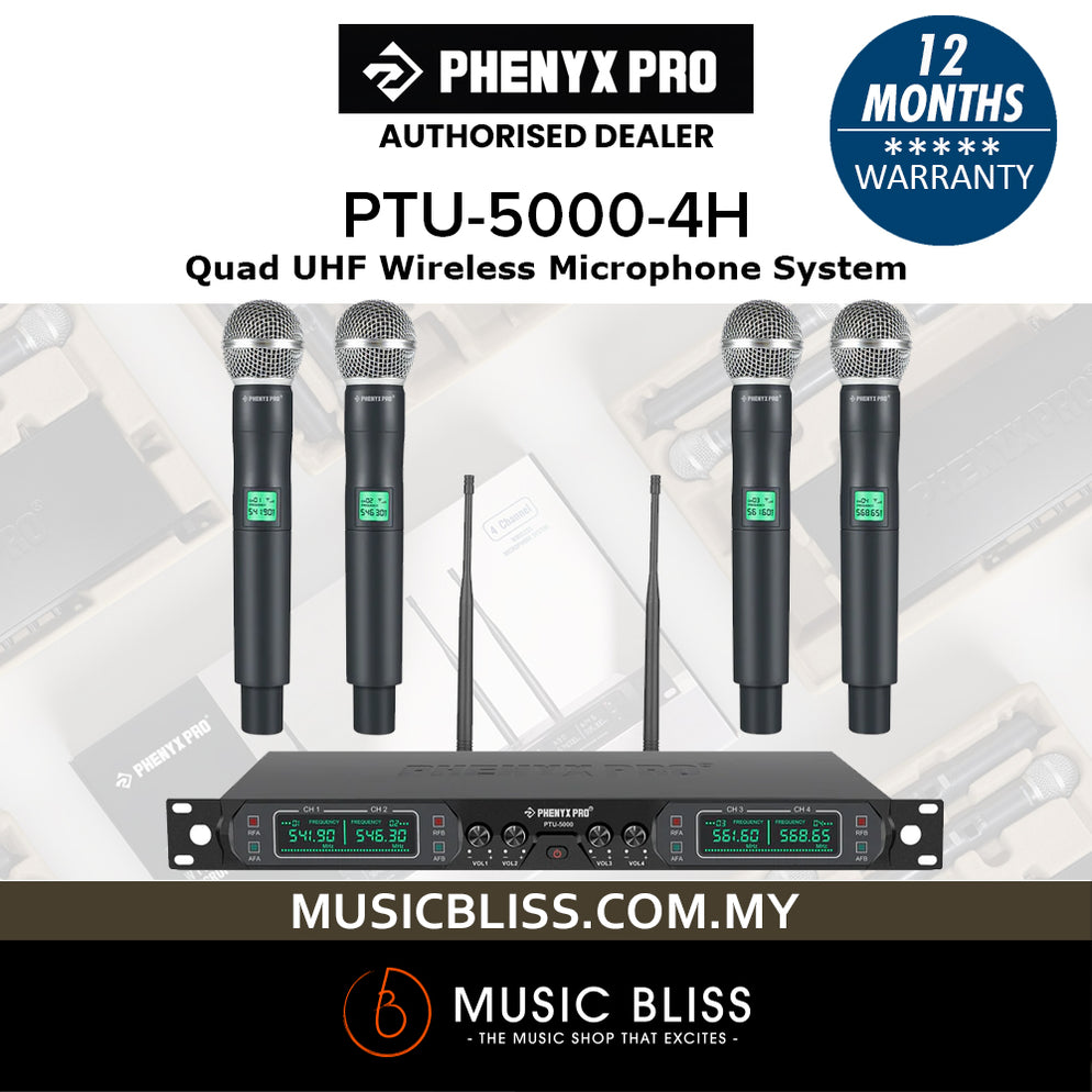 Phenyx Pro Best Budget Wireless PTU-5000A 4-Channel UHF Wireless Microphone System, with 4x ...