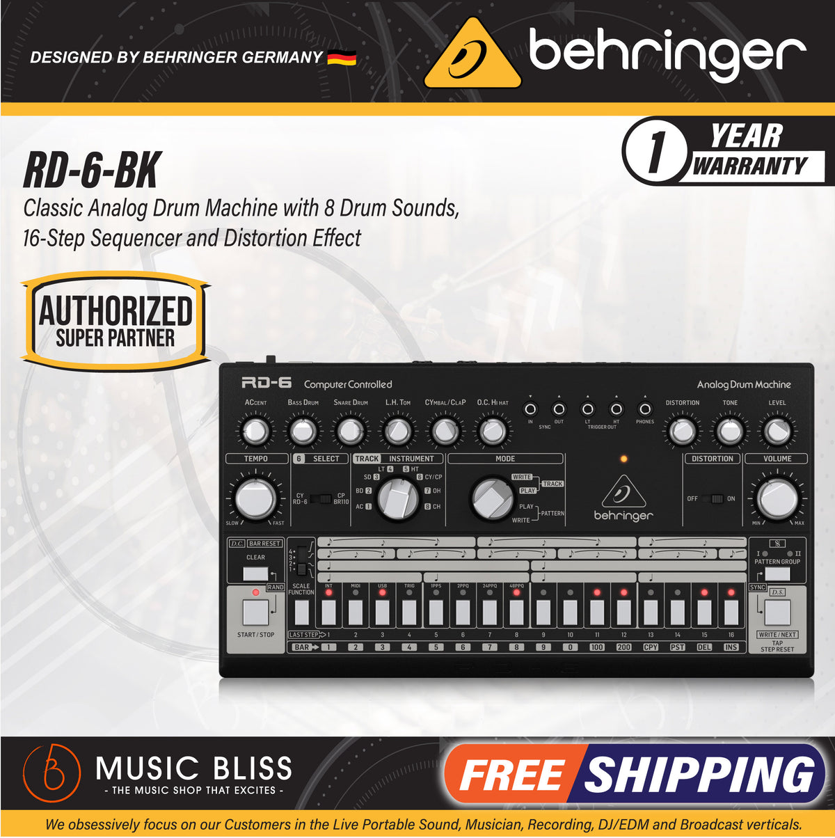 Behringer RD-6-BK Analog Drum Machine - Black (RD-6 / RD6) | Music ...