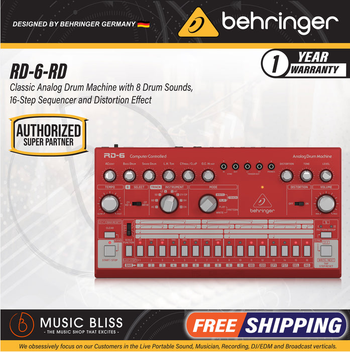 Behringer RD-6-RD Analog Drum Machine - Red (RD-6 / RD6) | Music Bliss ...