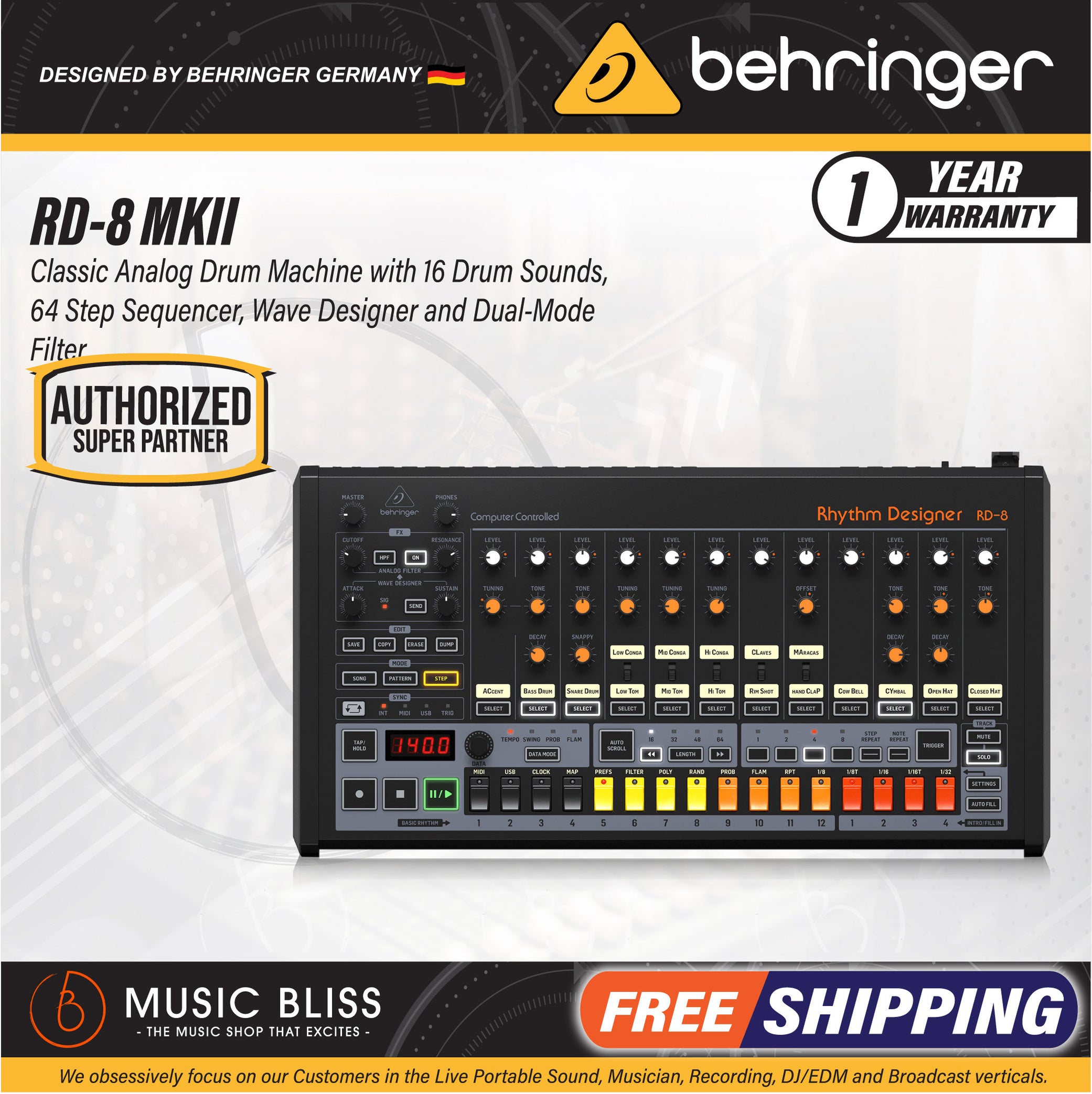 Behringer Rhythm Designer RD-8 MkII Analog Drum Machine | Music Bliss ...
