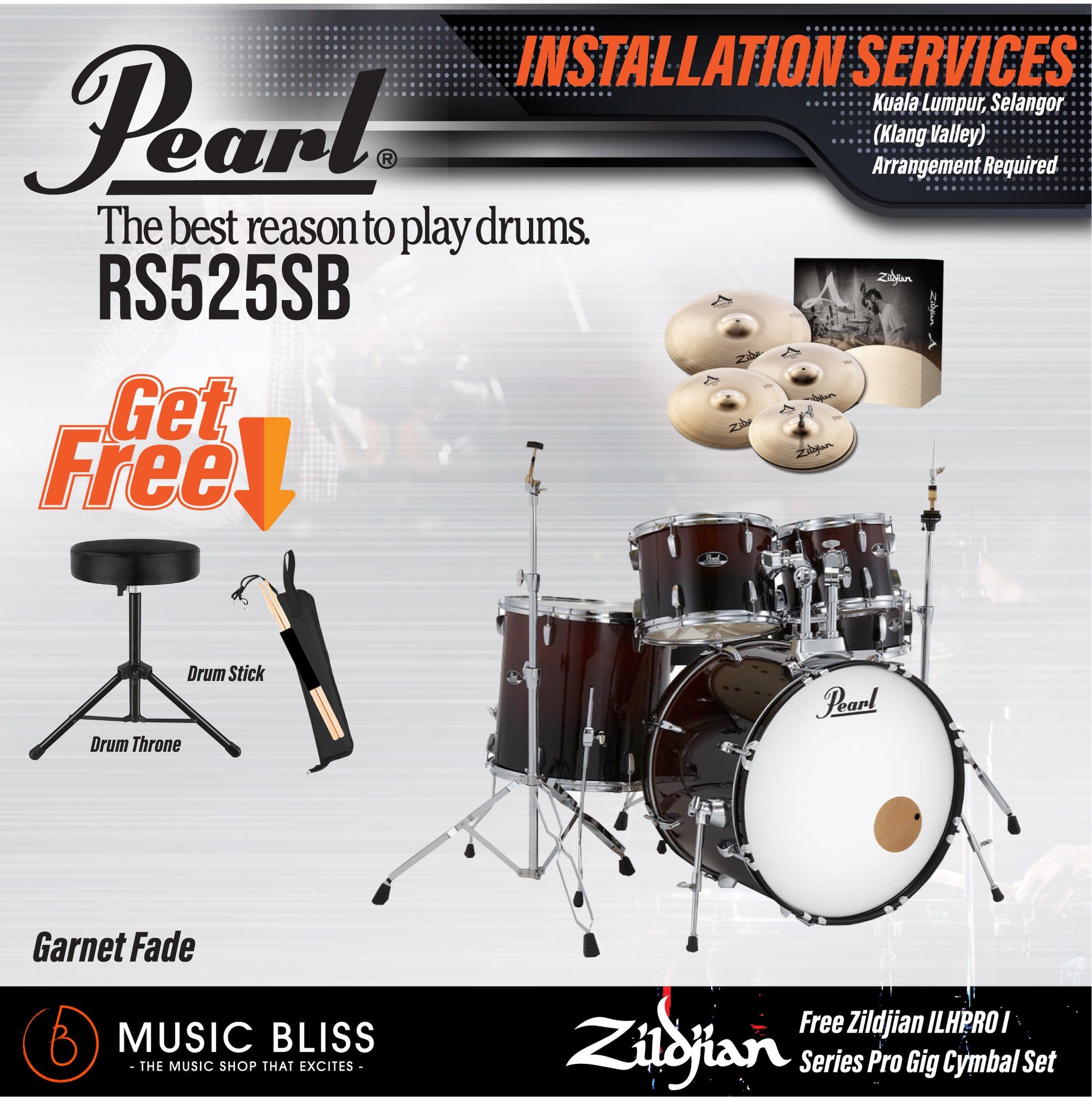 Pearl Roadshow 5-piece Drum Set with Drumstick and Throne - 22" Kick ...