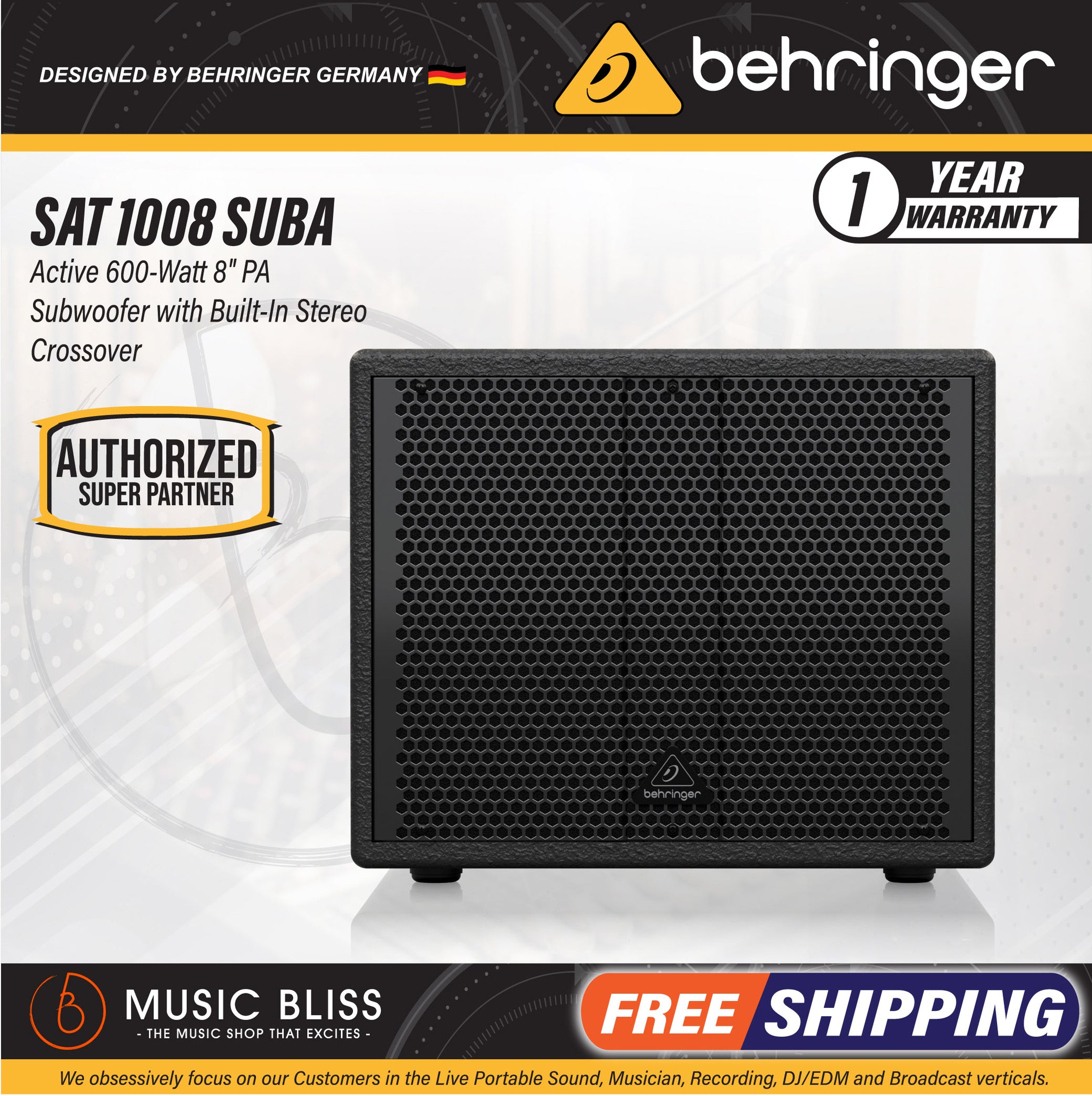 Behringer SAT 1008 SUBA 600W Active 8" PA Subwoofer with Built-In ...