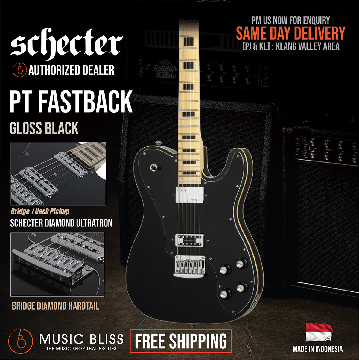 Schecter PT Fastback Electric Guitar - Gloss Black (MII) | Music Bliss ...