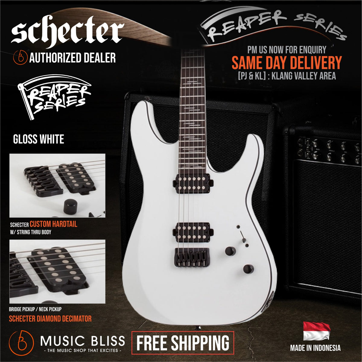 Schecter Reaper-6 Custom Electric Guitar - Gloss White | Music Bliss ...