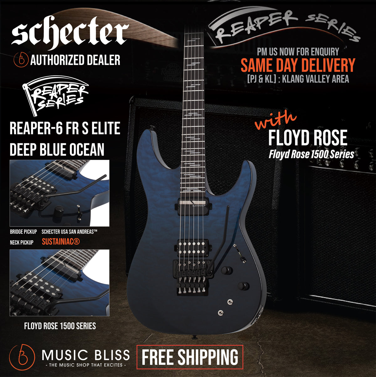 Schecter Reaper-6 FR S Elite Electric Guitar - Deep Blue Ocean | Music ...