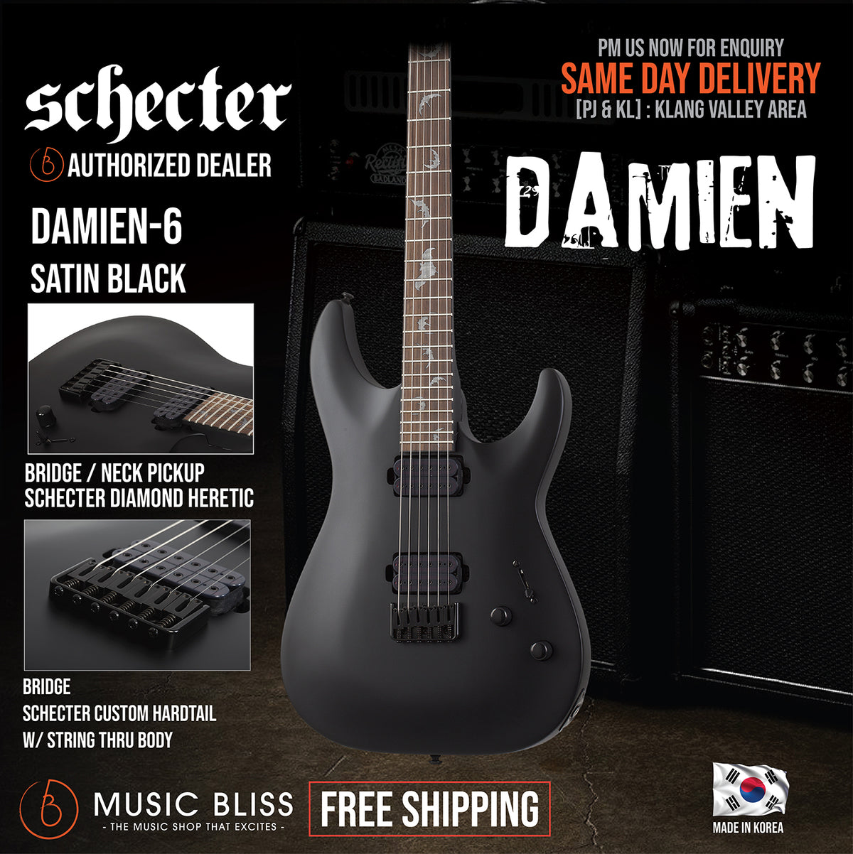 Schecter Damien-6 Electric Guitar - Satin Black | Music Bliss Malaysia