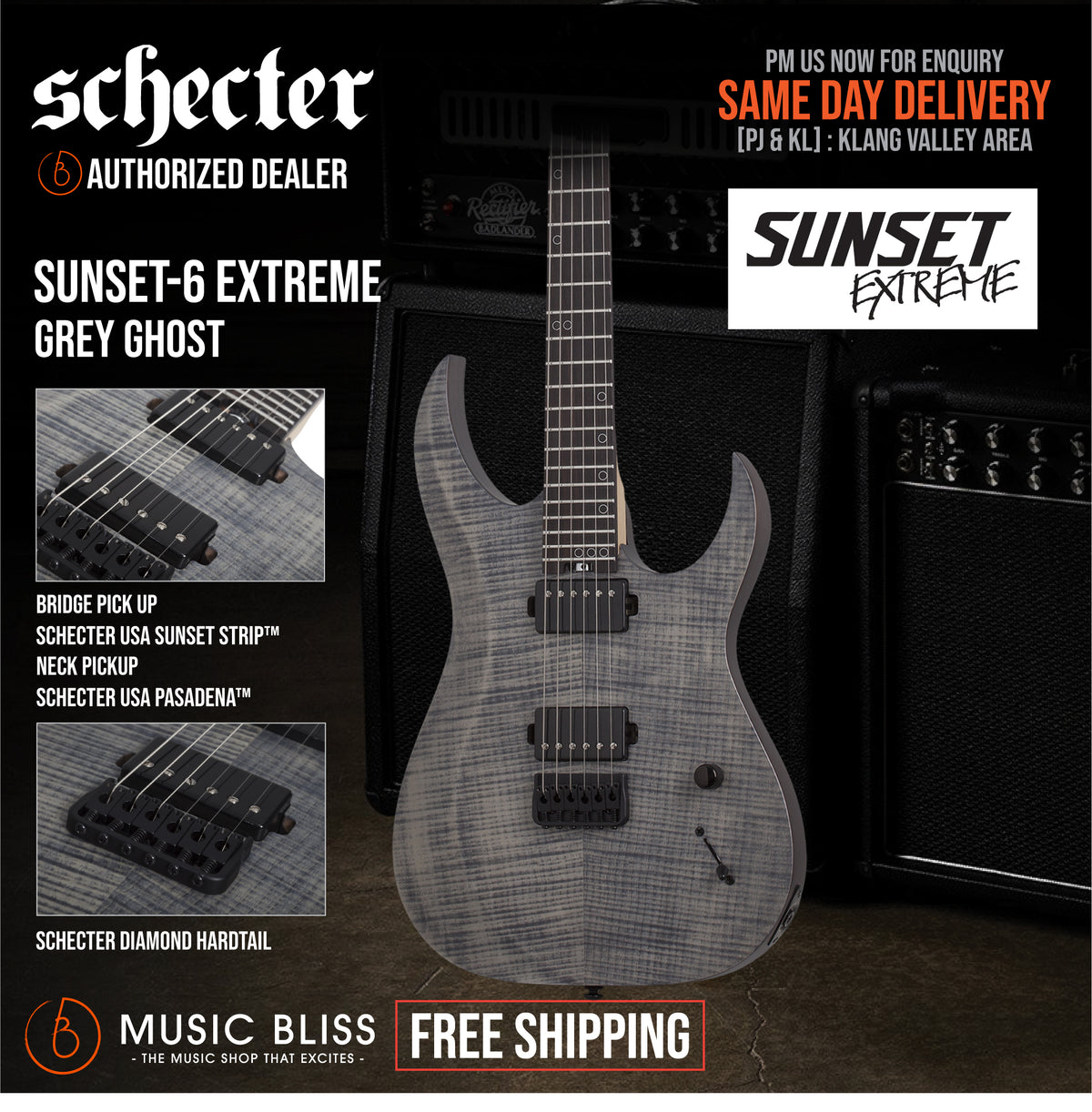 Schecter Sunset-6 Extreme Electric Guitar - Grey Ghost | Music Bliss Malaysia
