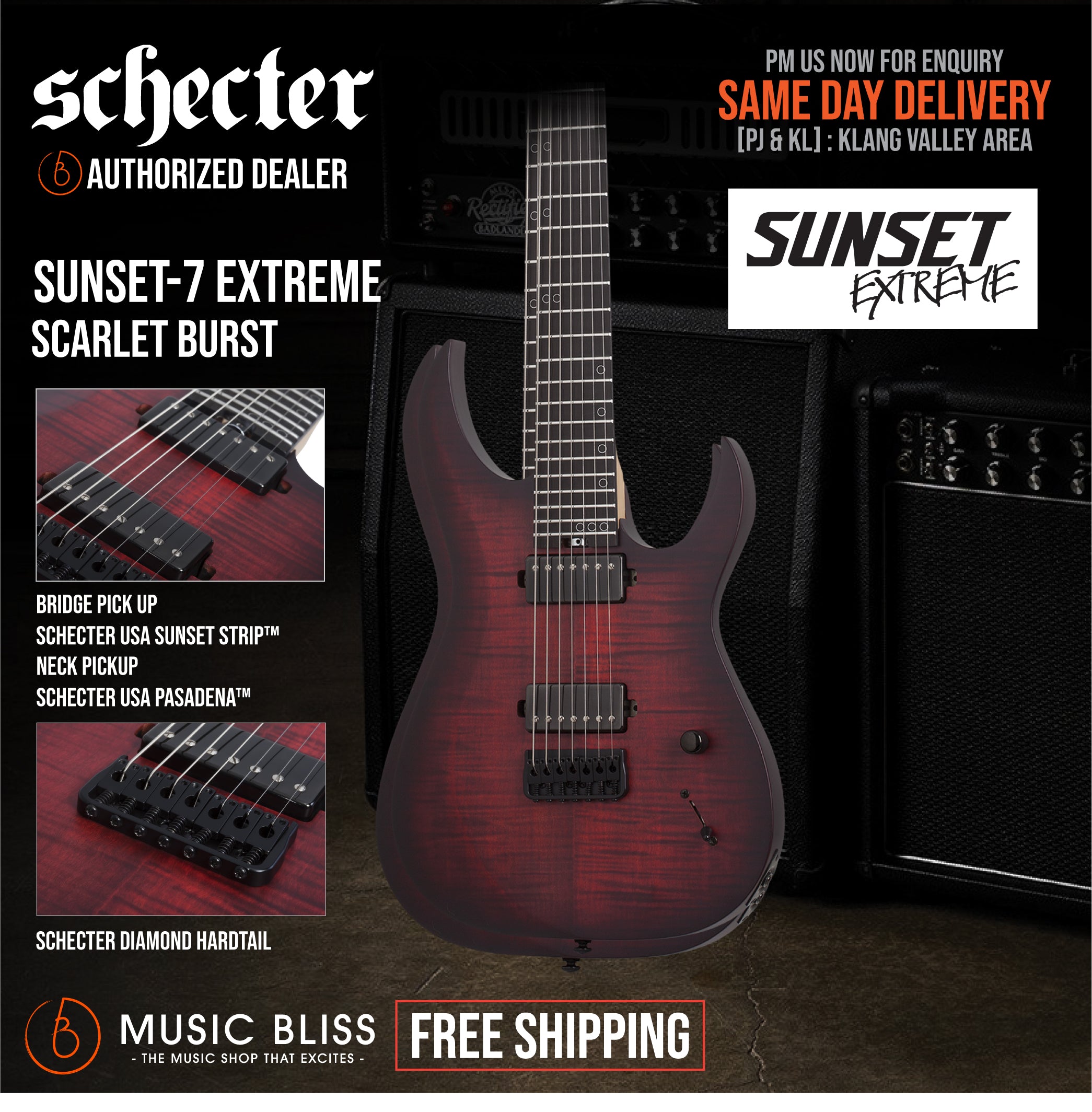 Schecter Sunset-7 Extreme 7-string Baritone Electric Guitar - Scarlet ...