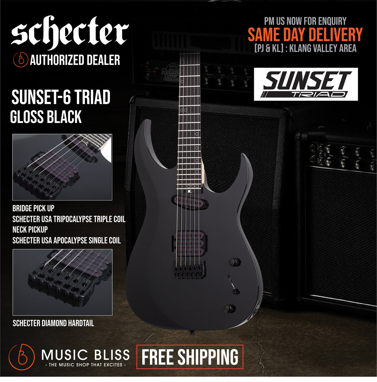 Schecter Sunset-6 Triad Electric Guitar - Gloss Black | Music Bliss ...