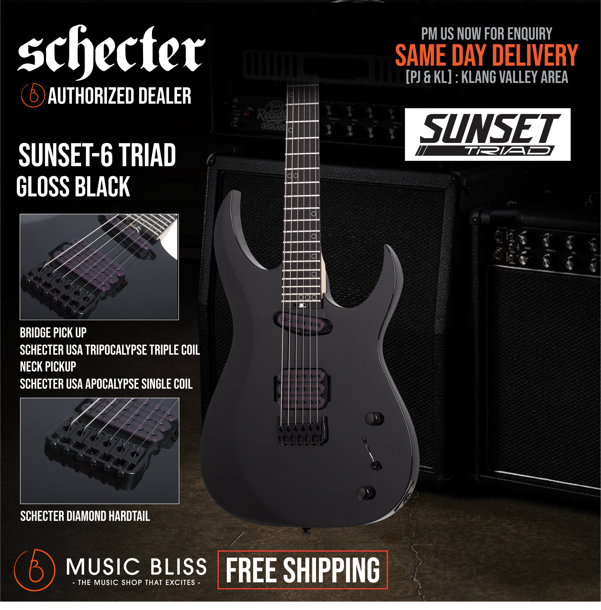 Schecter Sunset-6 Triad Electric Guitar - Gloss Black | Music Bliss ...