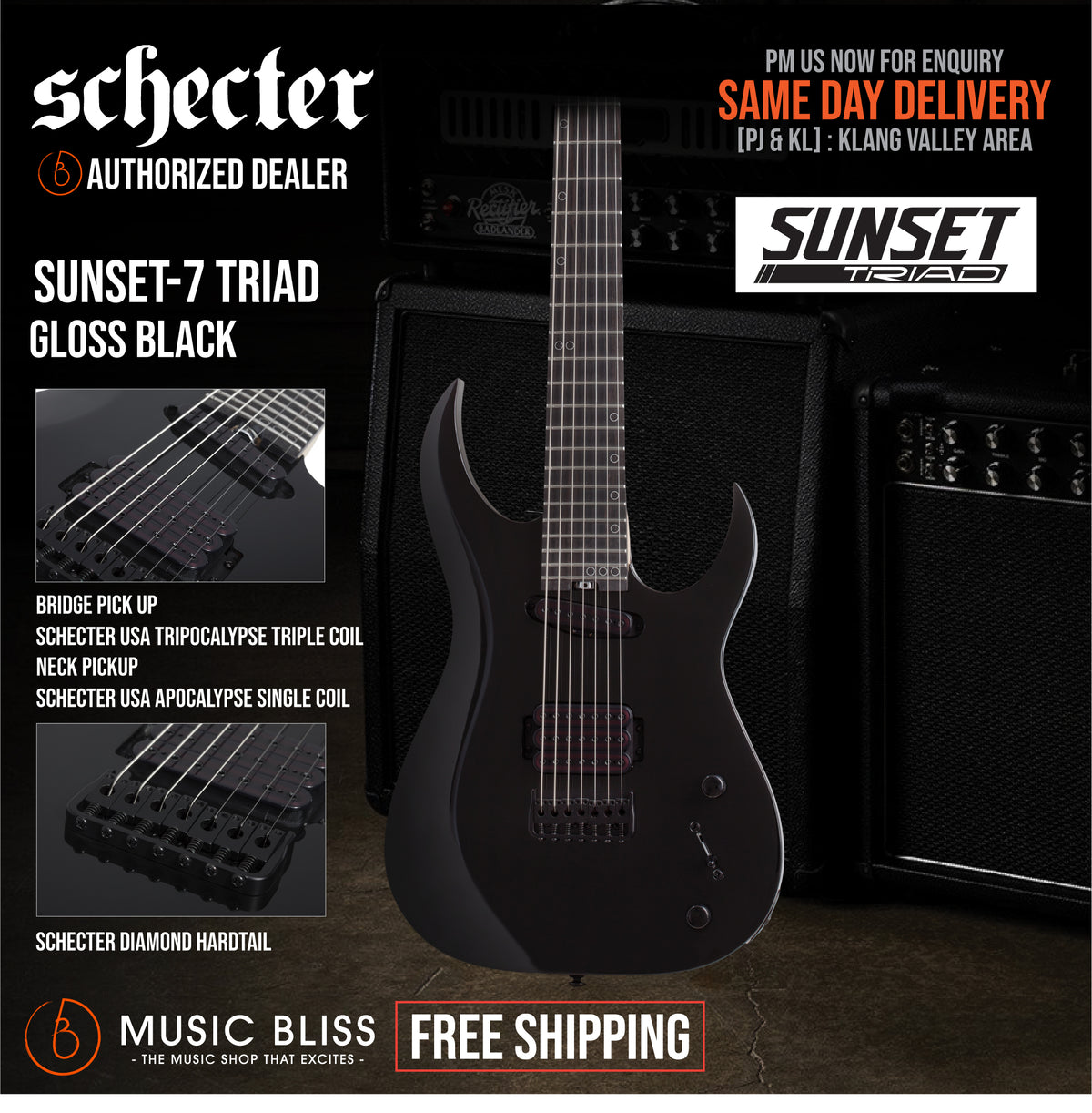 Schecter Sunset-7 Triad 7-string Baritone Electric Guitar - Gloss Black ...