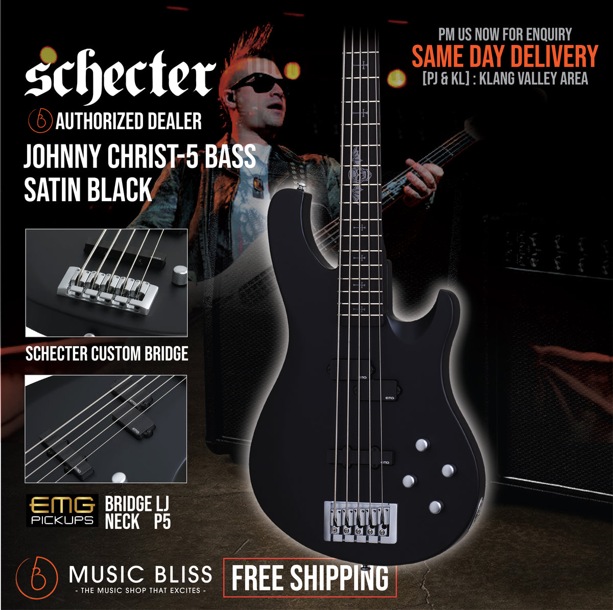 Schecter Johnny Christ-5 Bass Guitar - Satin Black | Music Bliss Malaysia