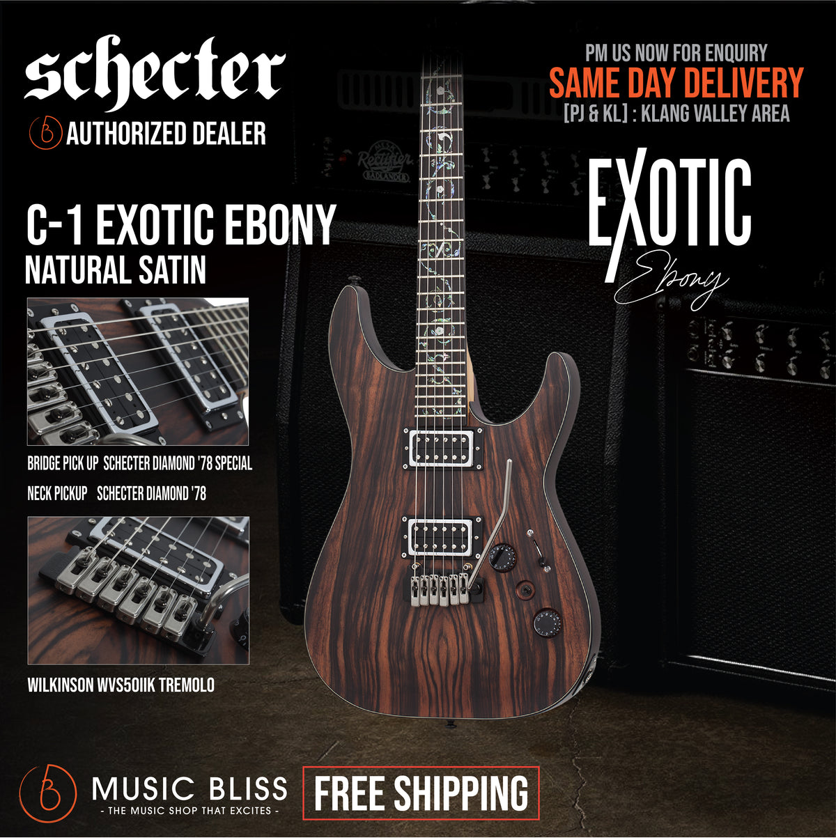 Schecter C-1 Exotic Ebony Electric Guitar - Natural Satin (C1) | Music ...