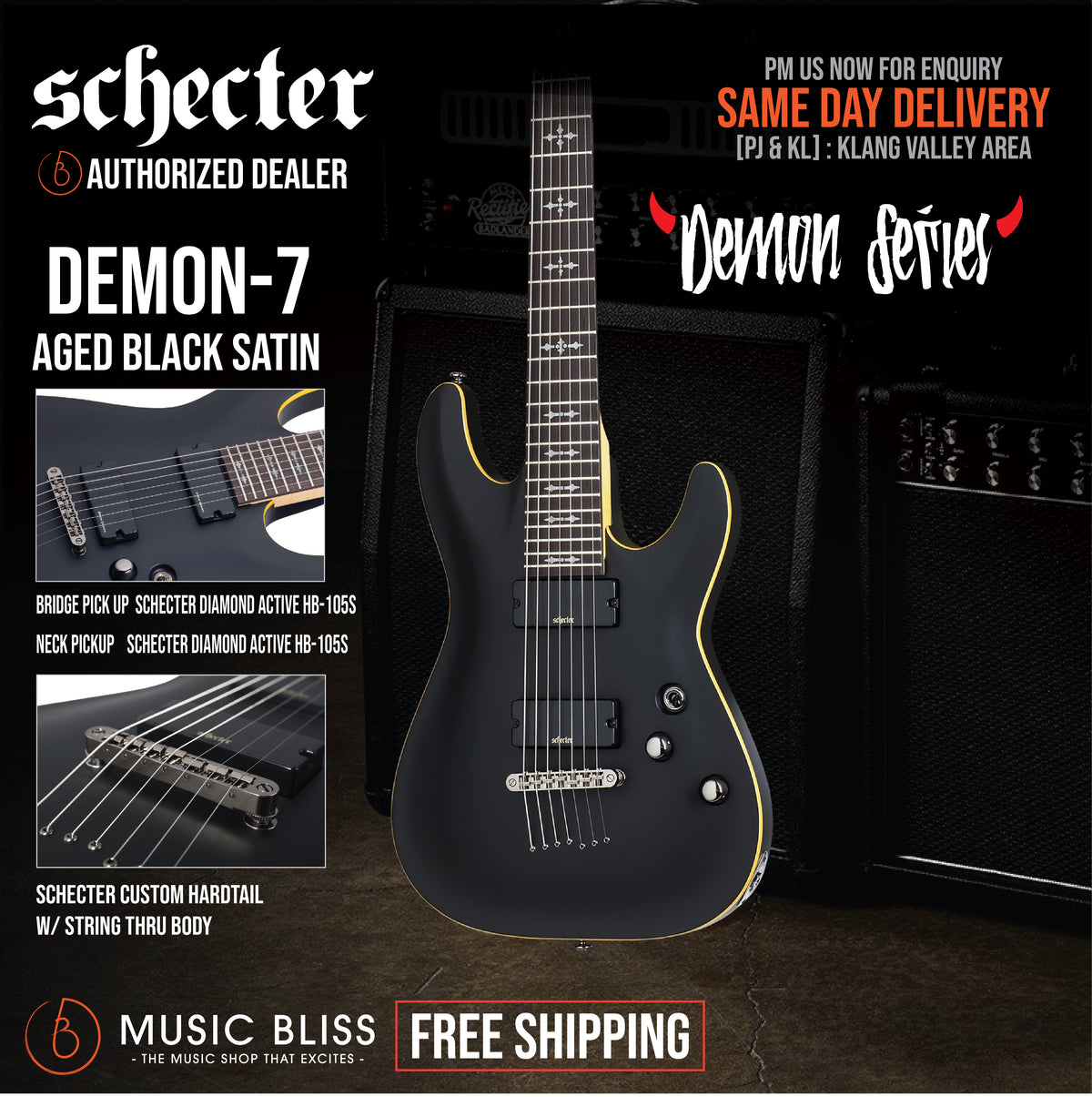 Schecter Demon-7 Electric Guitar - Aged Black Satin | Music Bliss Malaysia