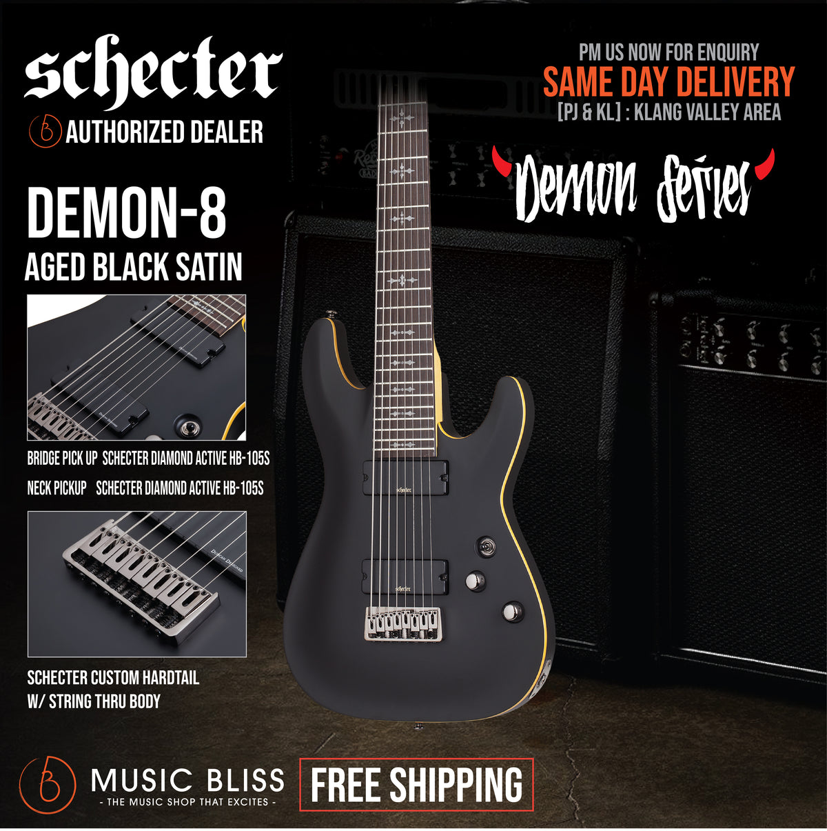 Schecter Demon-8 Electric Guitar - Aged Black Satin | Music Bliss Malaysia