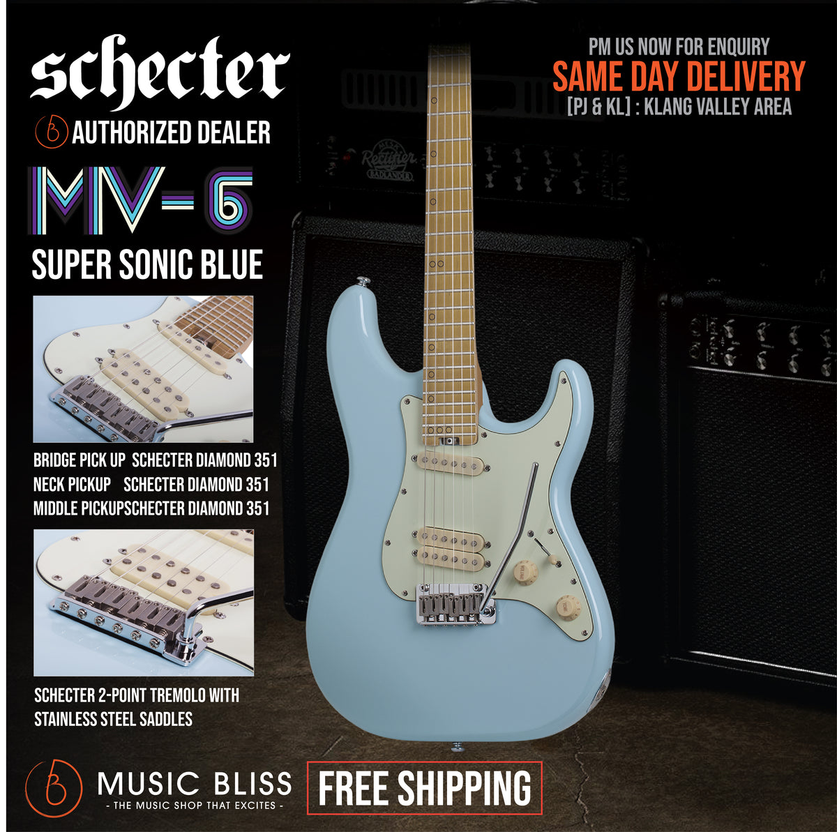Schecter MV-6 Electric Guitar - Super Sonic Blue with Maple Fingerboard (MV6) | Music Bliss Malaysia
