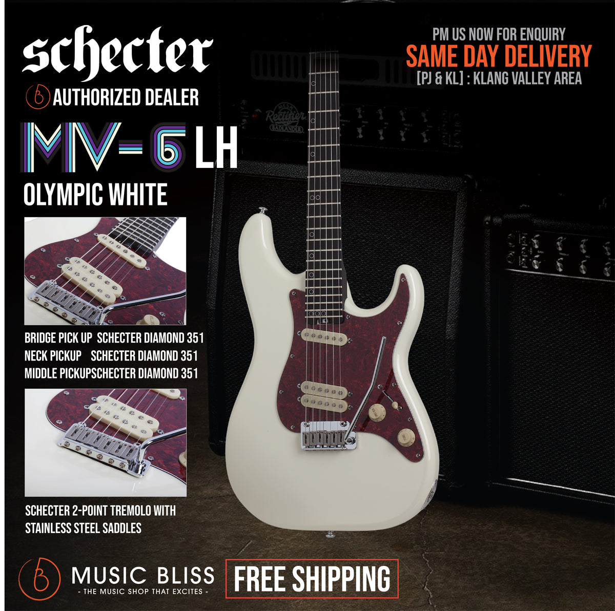 Schecter MV-6 Electric Guitar - Olympic White with Ebony Fingerboard (MV6) | Music Bliss Malaysia