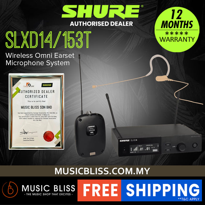 Shure SLXD14/153T Wireless Earset Microphone System with SLXD1 Bodypack Transmitter and MX153T ...