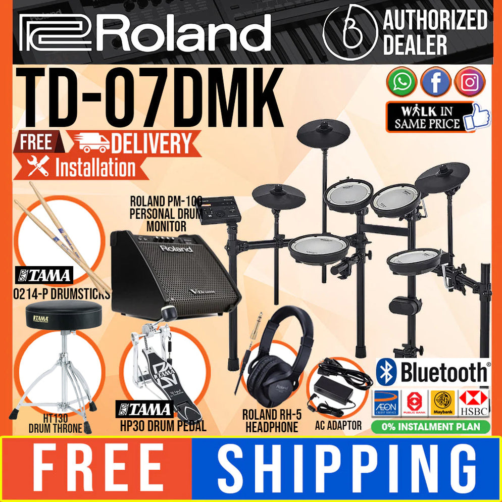 Roland V-Drums TD-07DMK Electronic Drum Set with RH-5 Headphone, Kick Pedal, Throne and ...